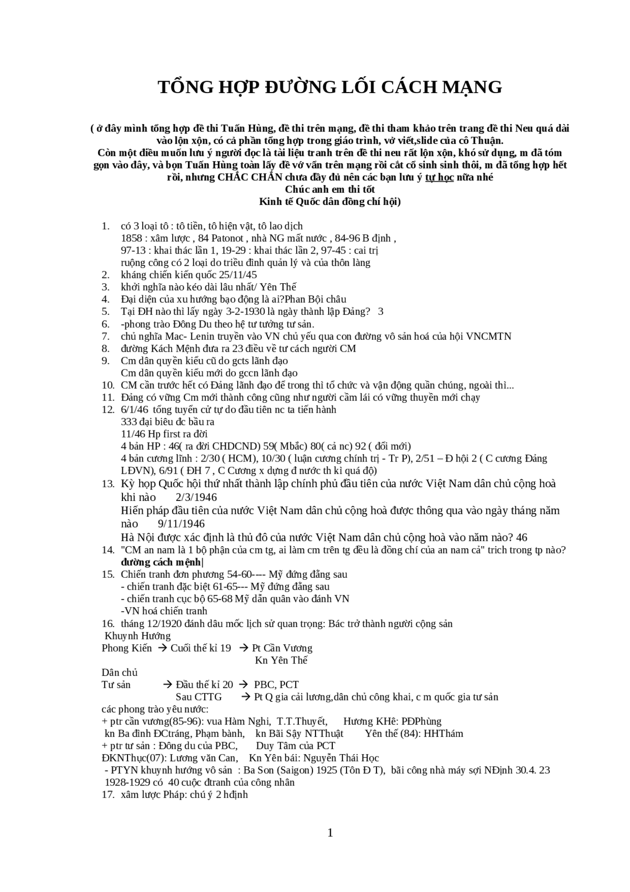 Tong hop duong loi cua Dang Cong san Viet Nam | Summaries History | Docsity