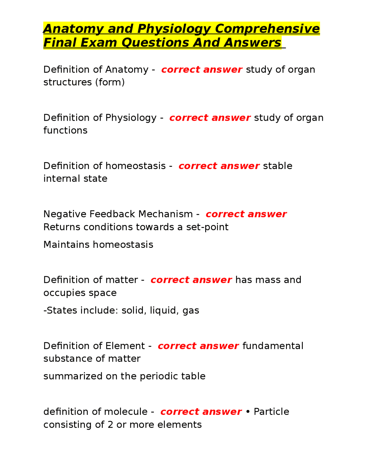 Anatomy and Physiology Comprehensive Final Exam Questions And Answers | Exams Nursing | Docsity