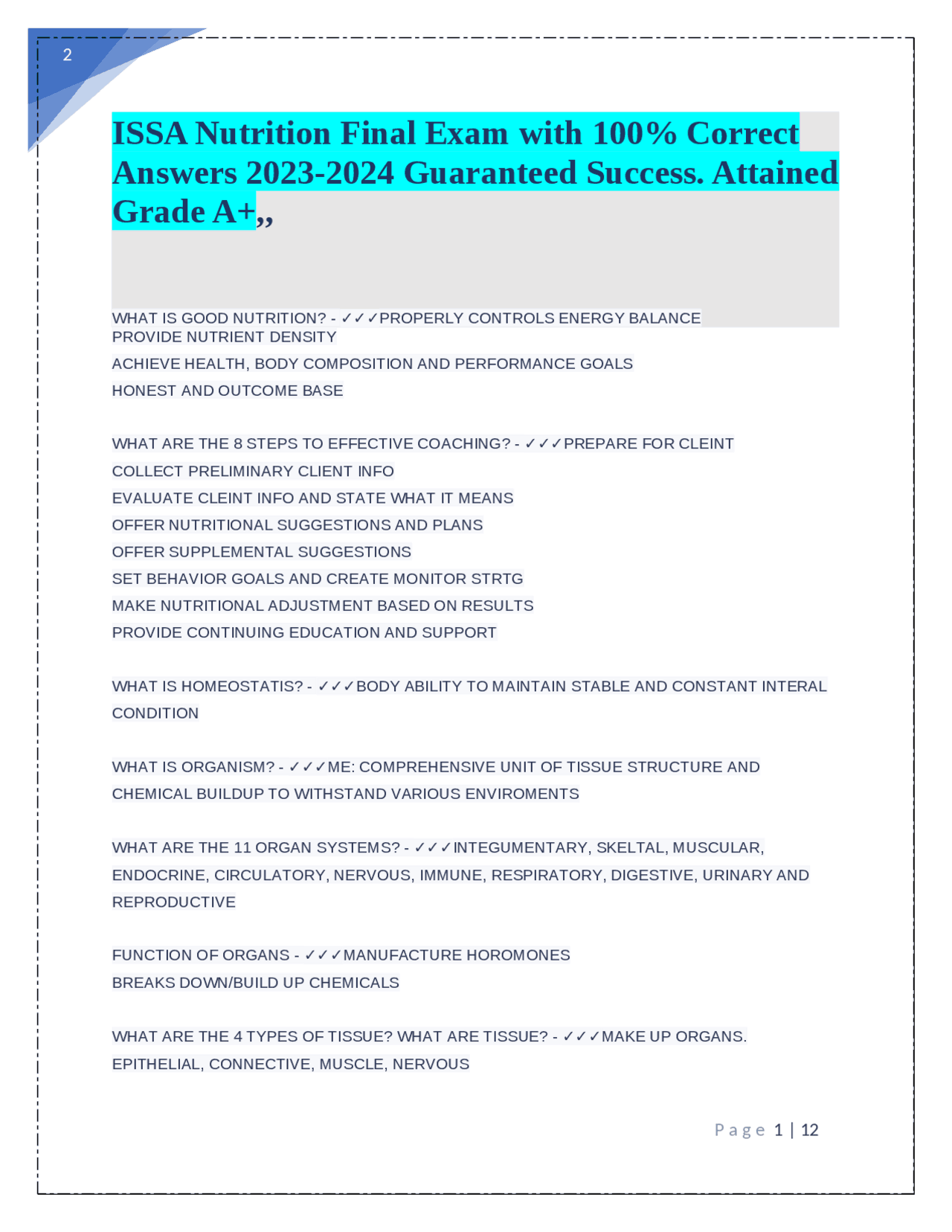 ISSA Nutrition Final Exam with 100% Correct Answers 2023-2024 ...