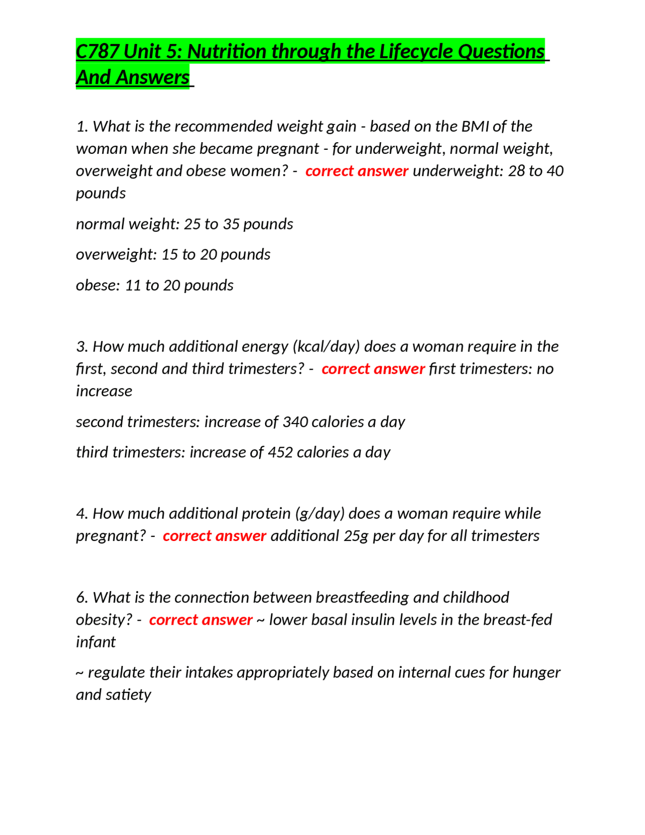 C787 Unit 5: Nutrition through the Lifecycle Questions And Answers ...