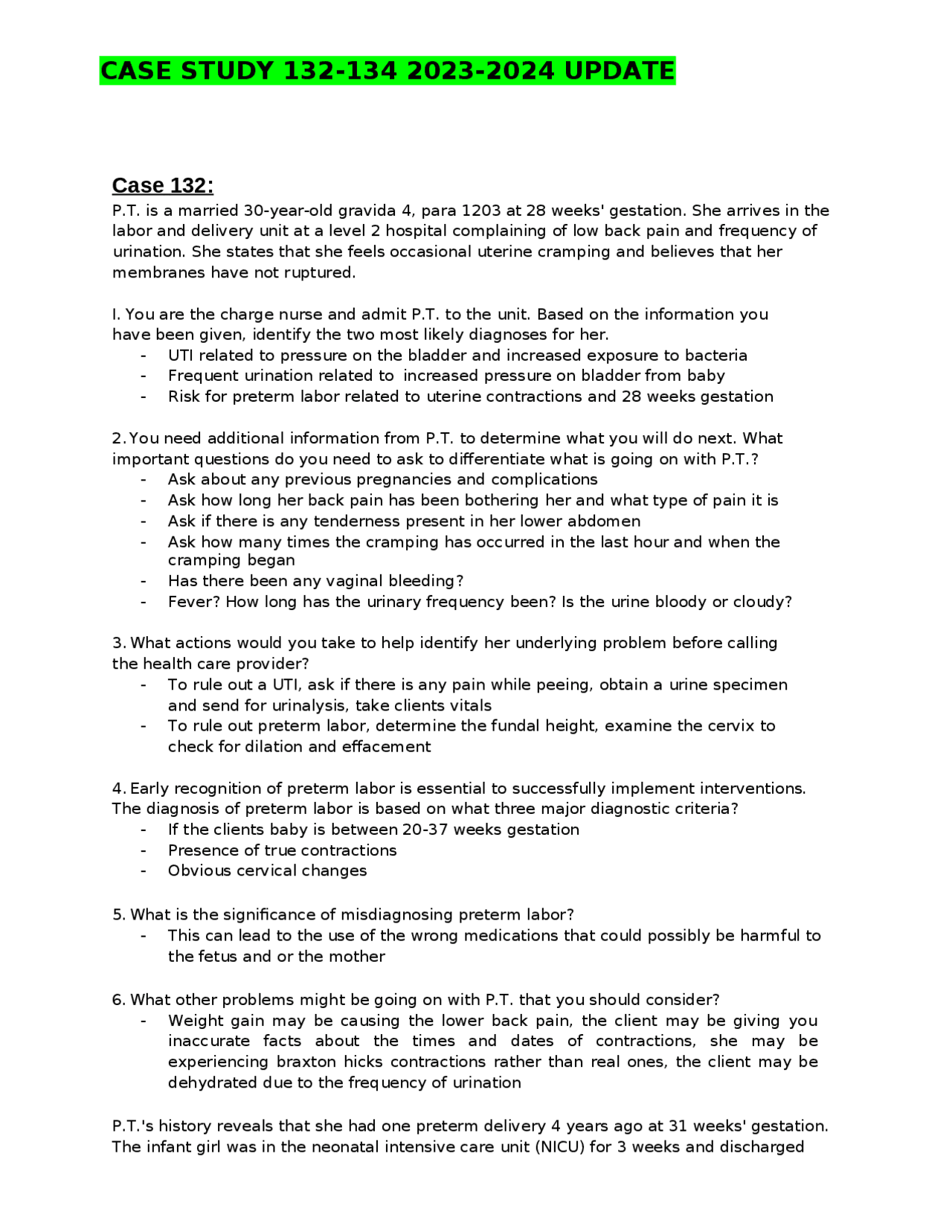 CASE STUDY 132-134 2023-2024 UPDATE | Exams Nursing | Docsity