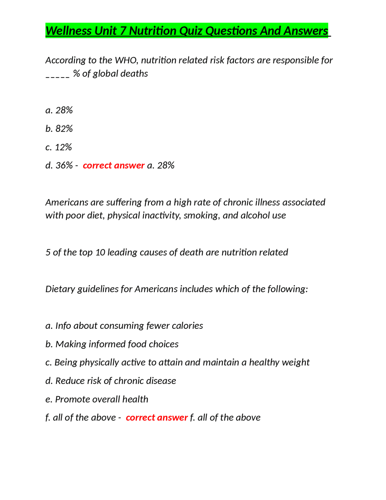 Wellness Unit 7 Nutrition Quiz Questions And Answers | Exams Nursing ...