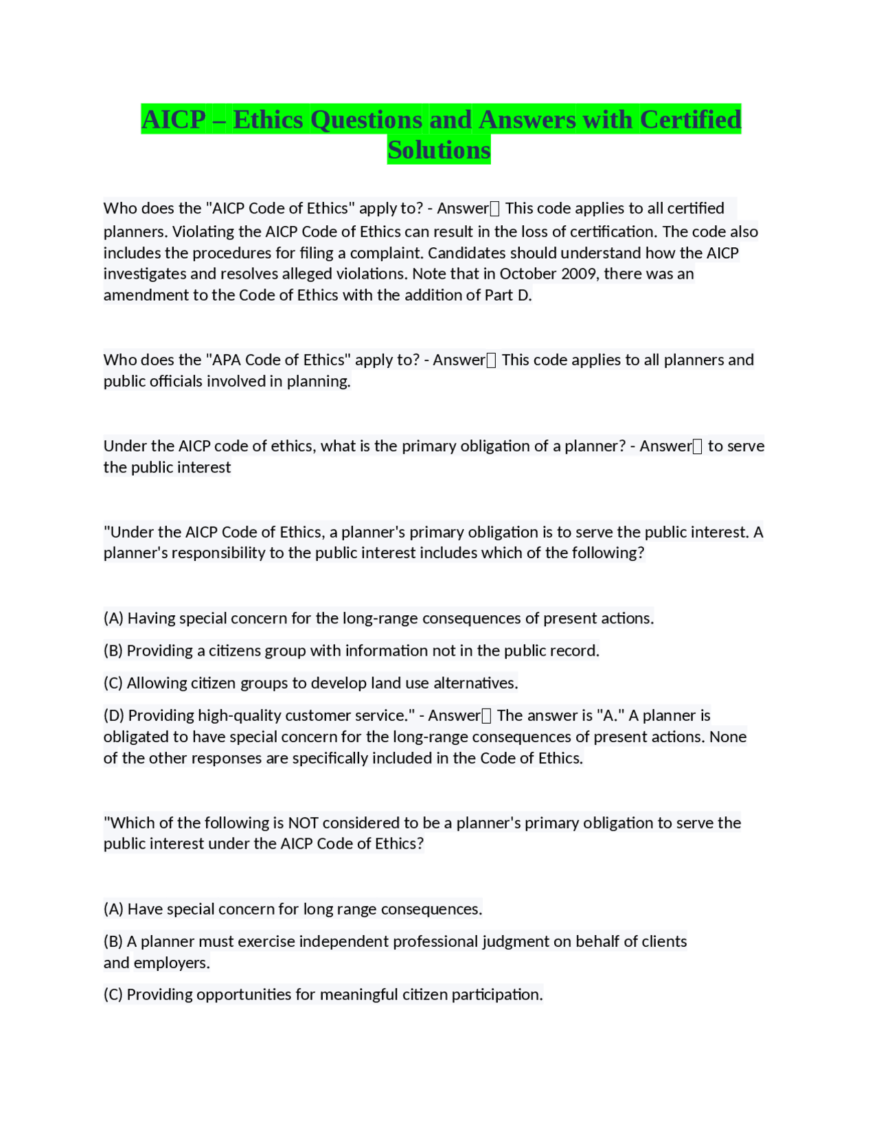 AICP and APA Code of Ethics | Exams Nursing | Docsity