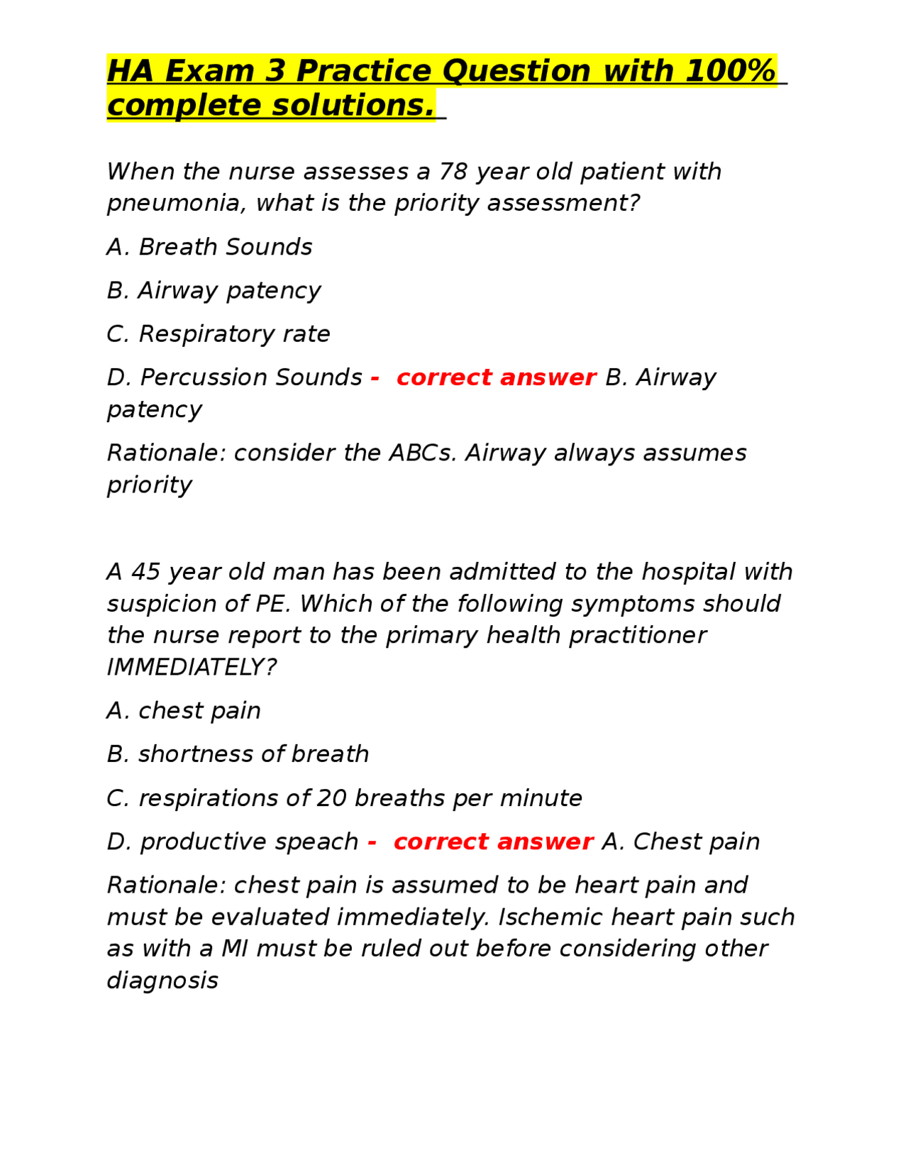 HA Exam 3 Practice Questions with Solutions | Exams Nursing | Docsity