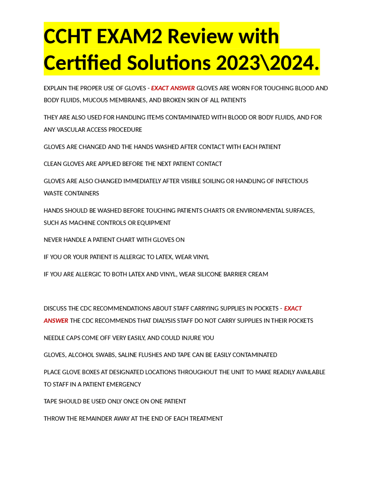 CCHT EXAM2 Review with Certified Solutions 2023\2024. | Exams Nursing ...