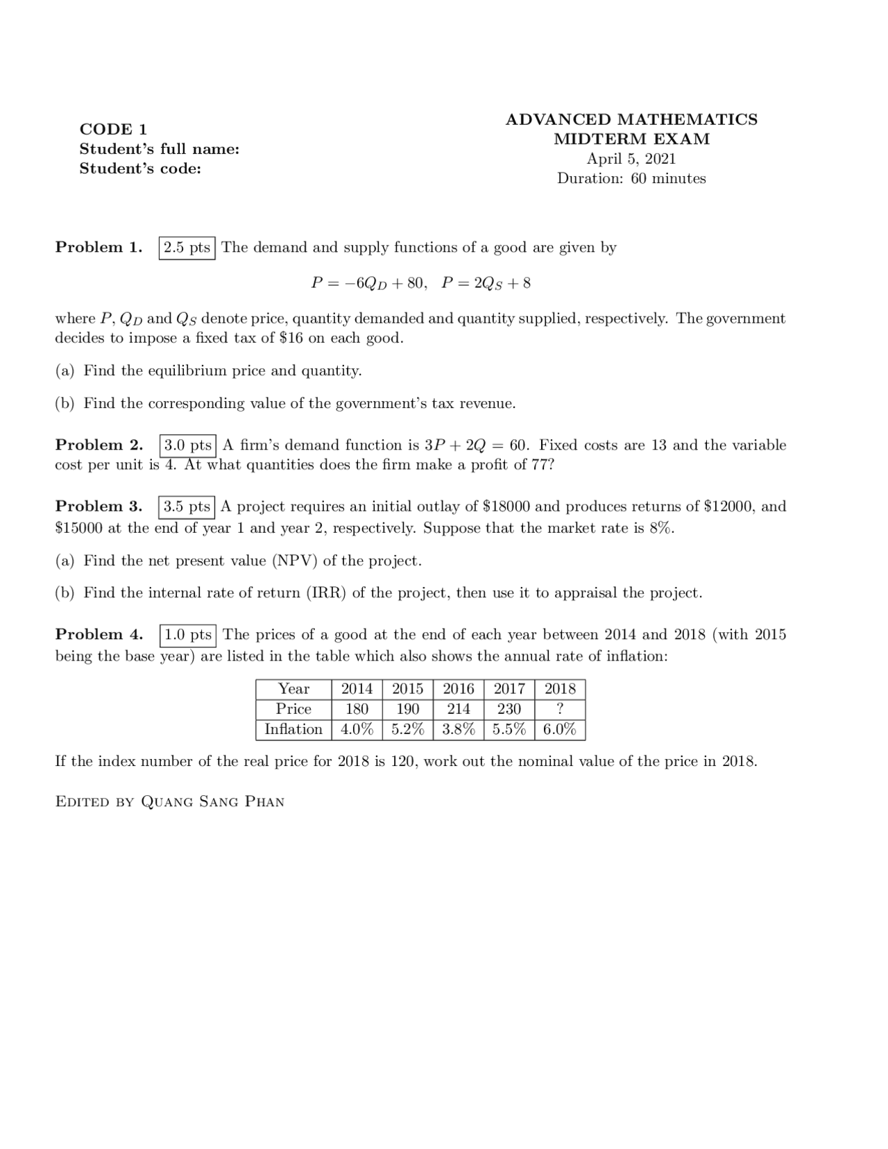 Advanced Mathematics Midterm Exam | Exams Business Mathematics | Docsity