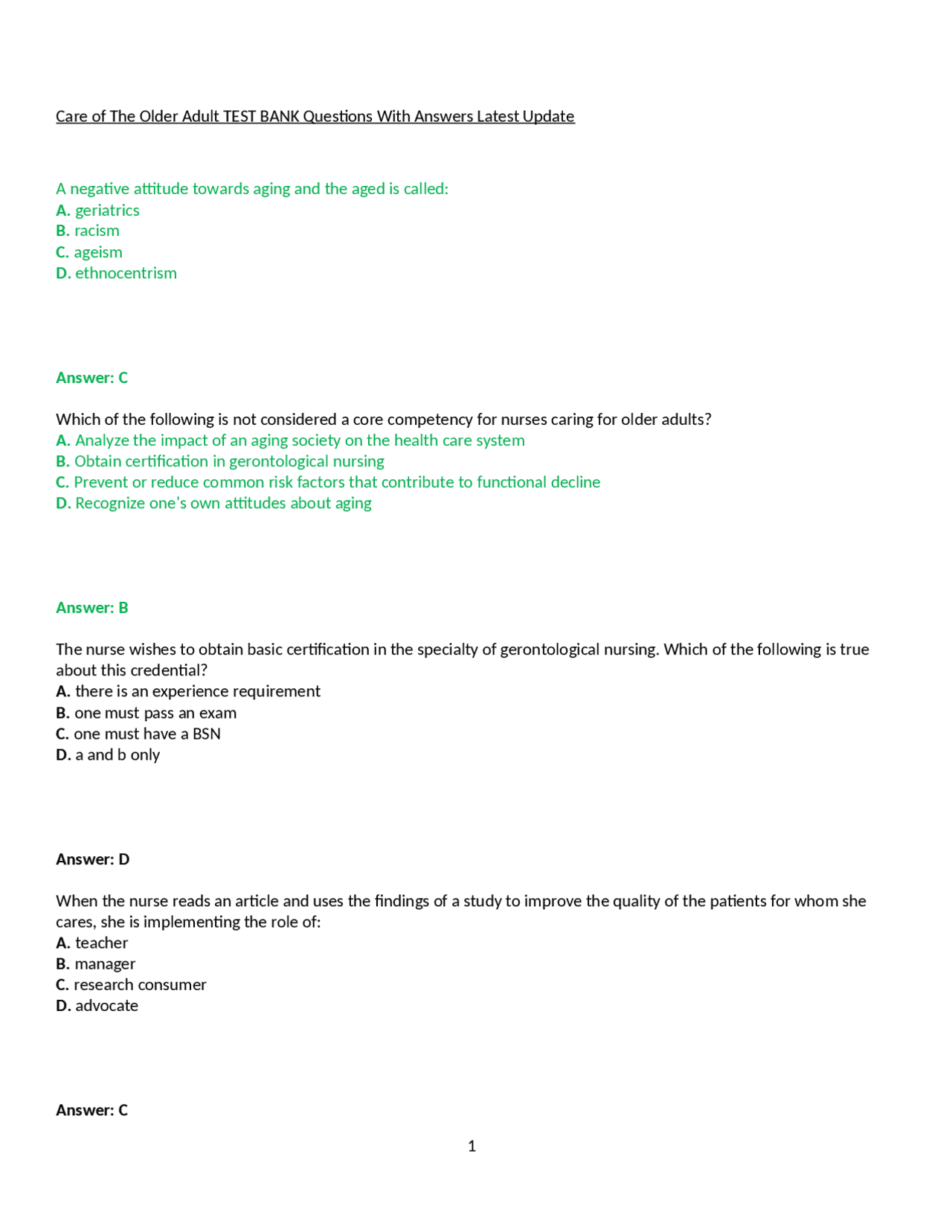 Care of The Older Adult TEST BANK Questions With Answers Latest Update ...