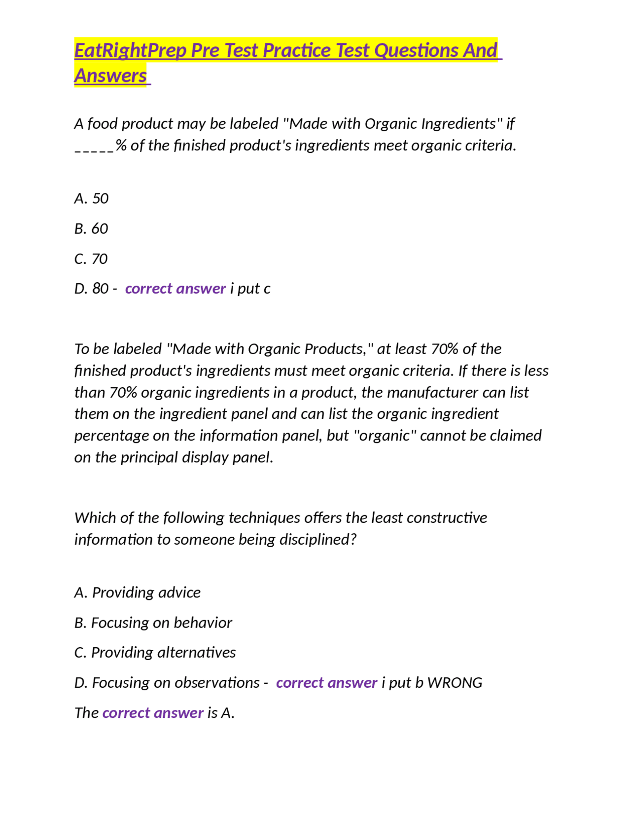 EatRightPrep Pre Test Practice Test Questions And Answers | Exams ...
