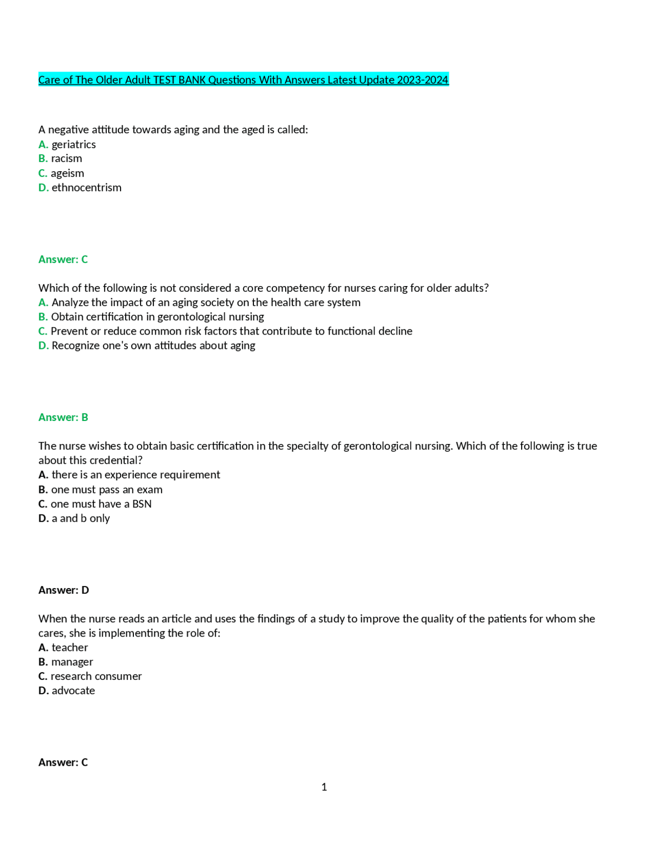 Care of The Older Adult TEST BANK Questions With Answers Latest Update ...