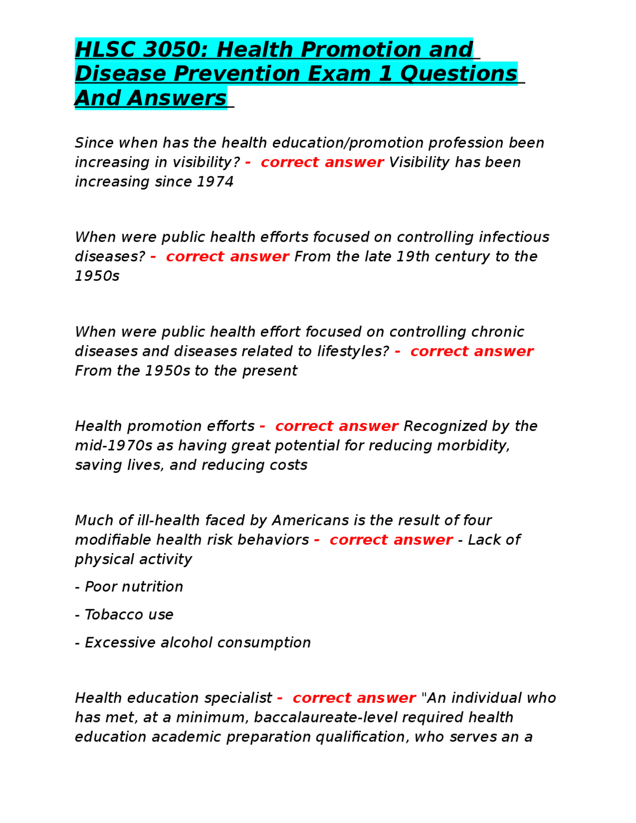 HLSC 3050: Health Promotion and Disease Prevention Exam 1 Questions And ...