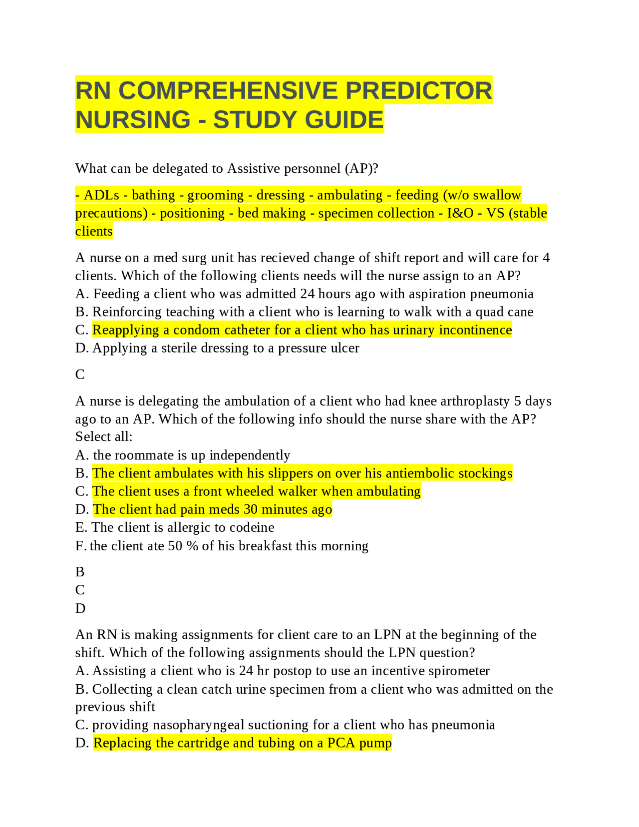 RN COMPREHENSIVE PREDICTOR NURSING - STUDY GUIDE | Exams Nursing | Docsity