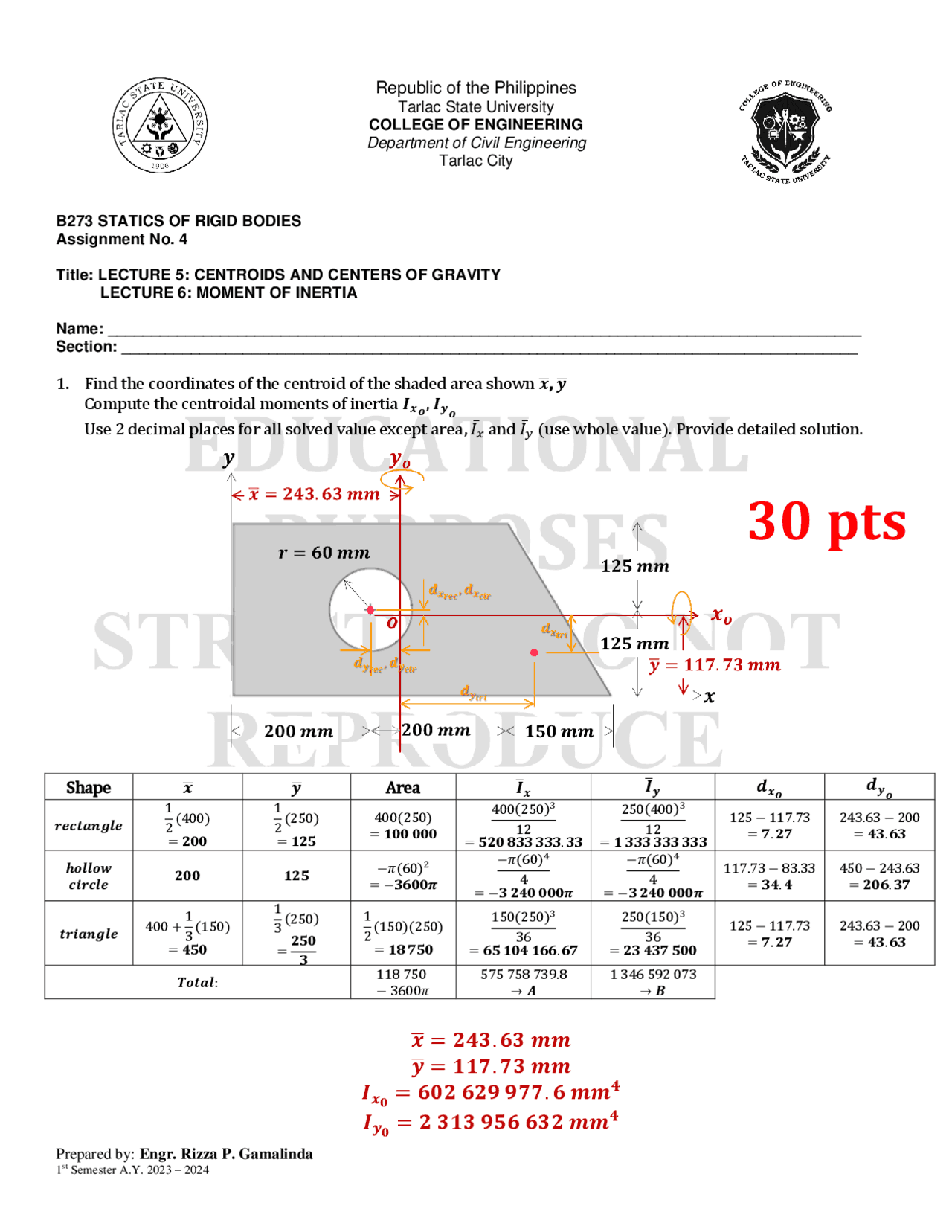Lecture 5: Centroids and Centers of Gravity, Lecture 6: Moment of Inertia | Assignments Physics ...