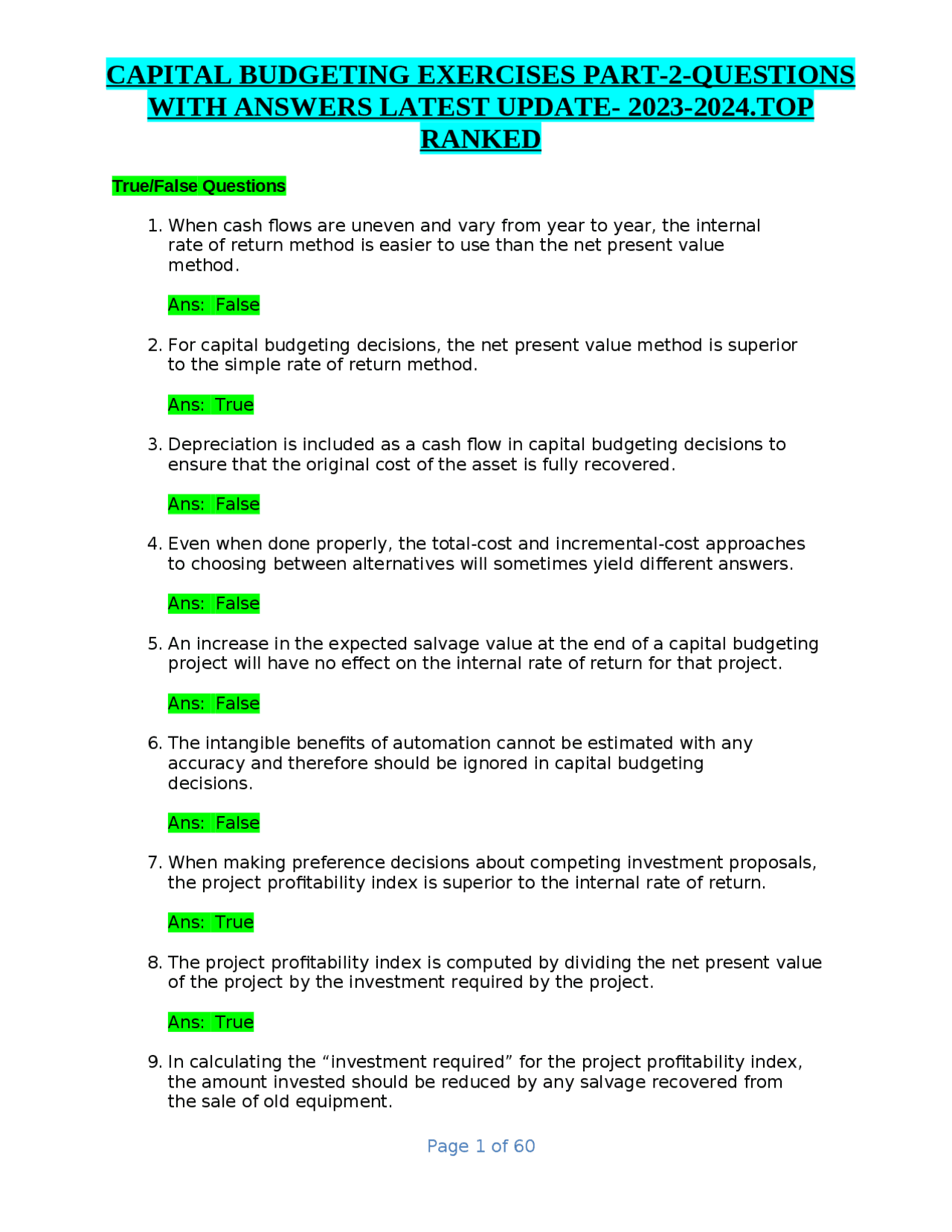 CAPITAL BUDGETING EXERCISES PART-2-QUESTIONS WITH ANSWERS LATEST UPDATE ...