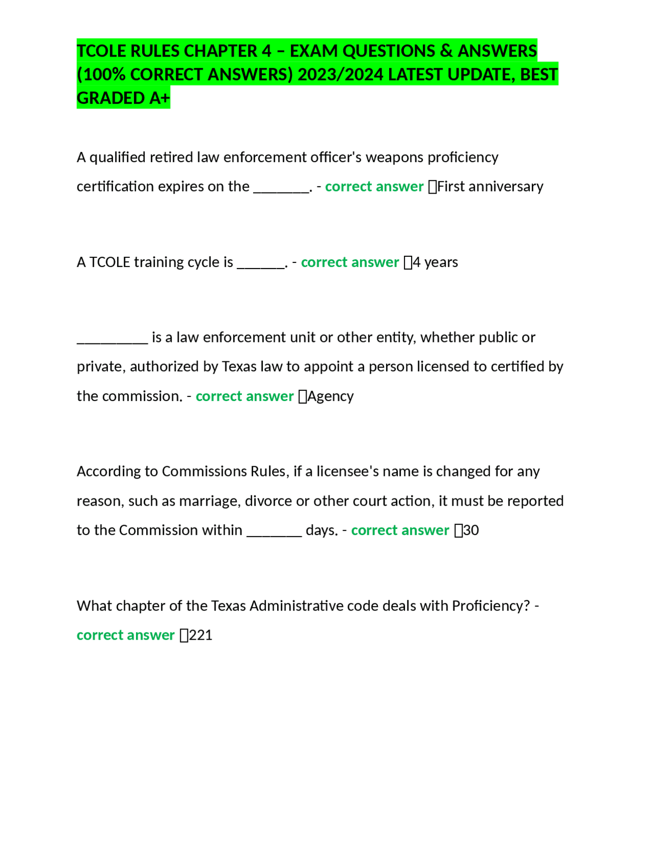 TCOLE Rules Chapter 4 Exam Questions and Answers | Exams Nursing | Docsity