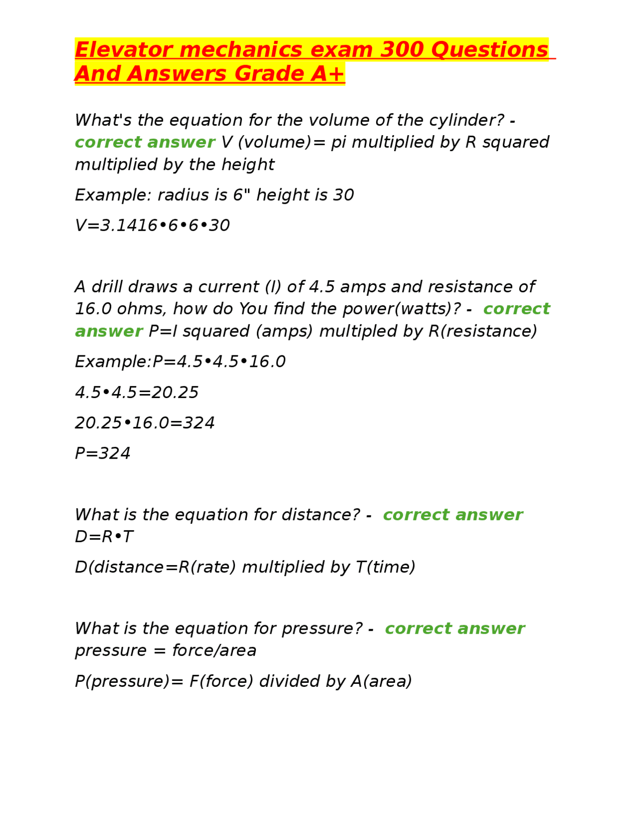Elevator Mechanics Exam 300 Questions and Answers Grade A+ | Exams ...