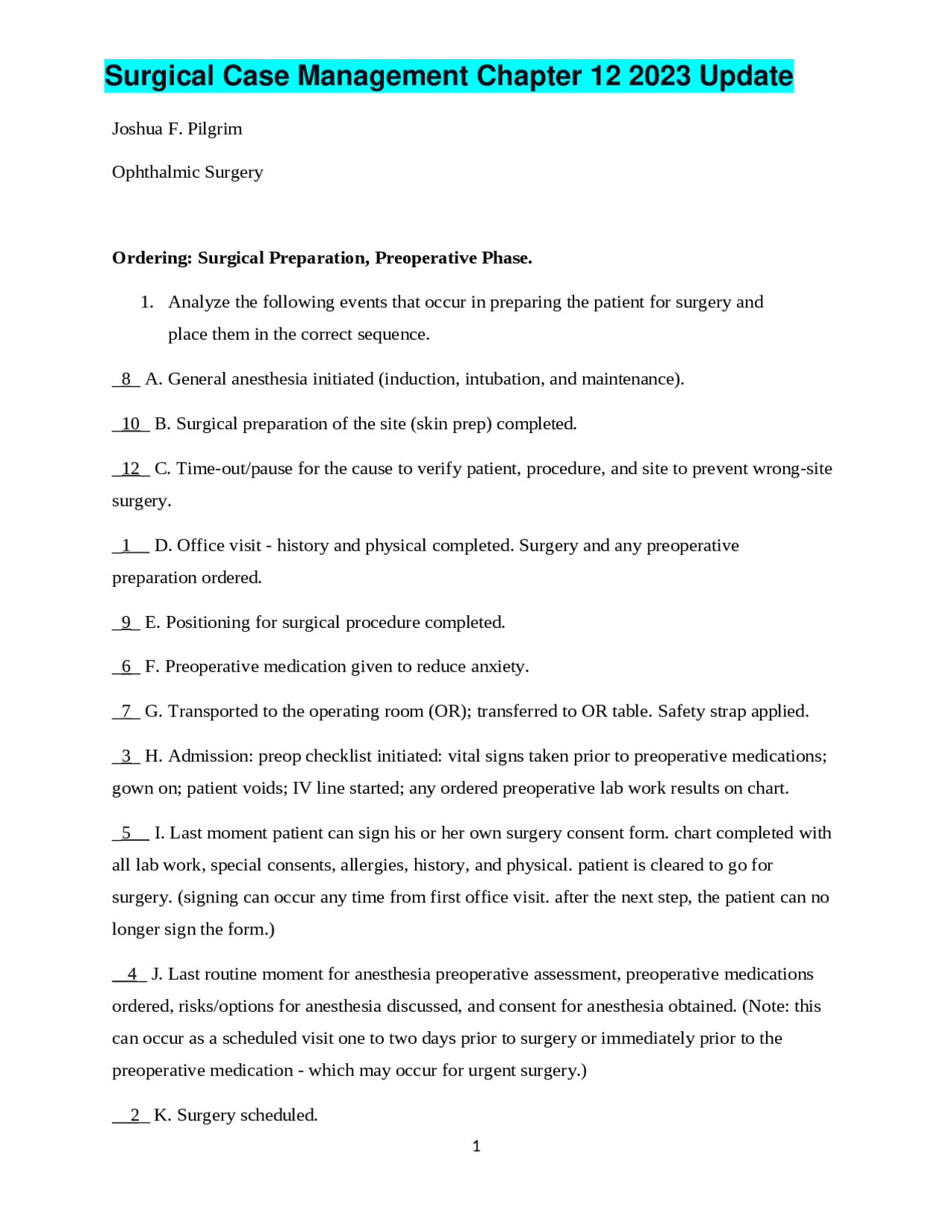 Surgical Case Management Chapter 12 2023 Update | Exams Nursing | Docsity