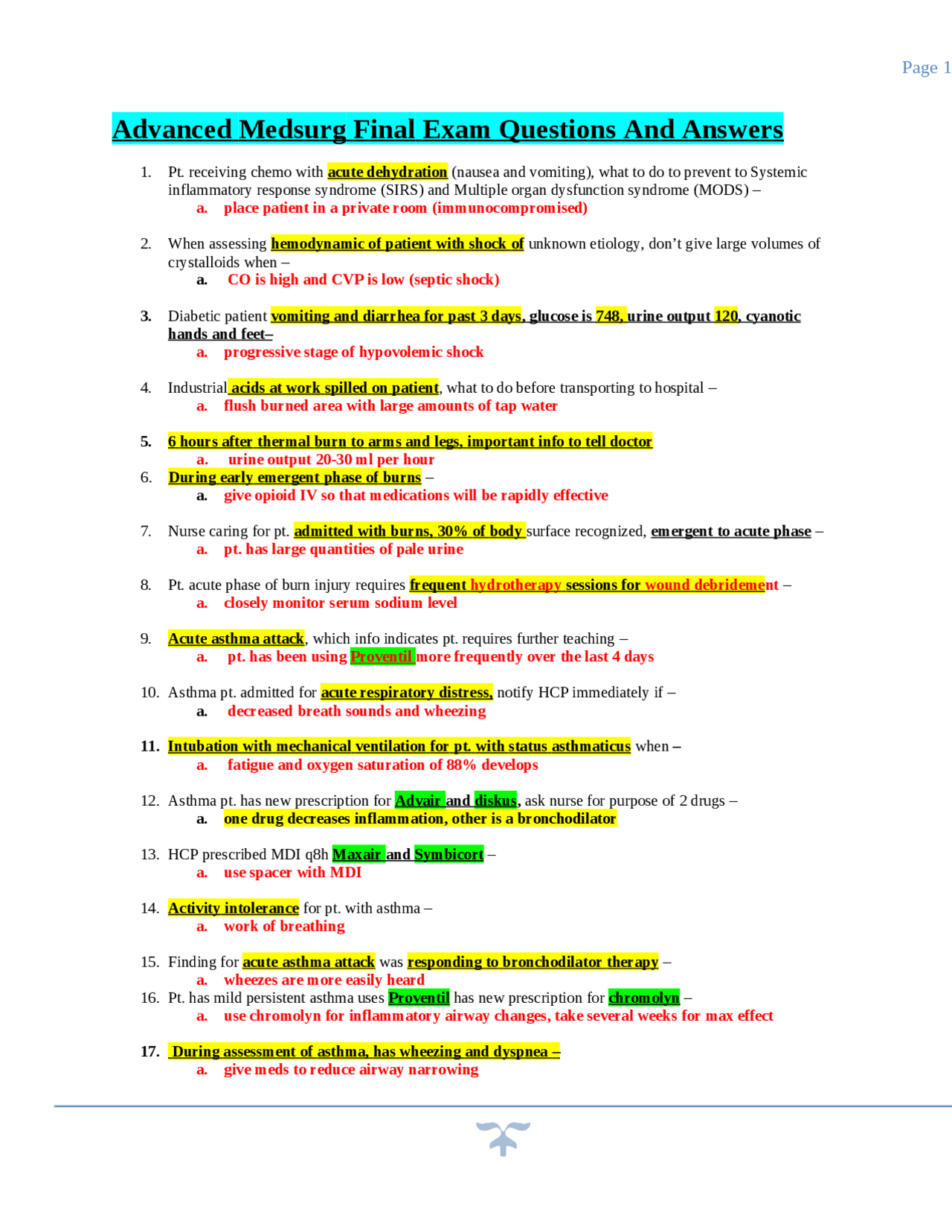 Advanced Medsurg Final Exam Questions And Answers | Exams Nursing | Docsity