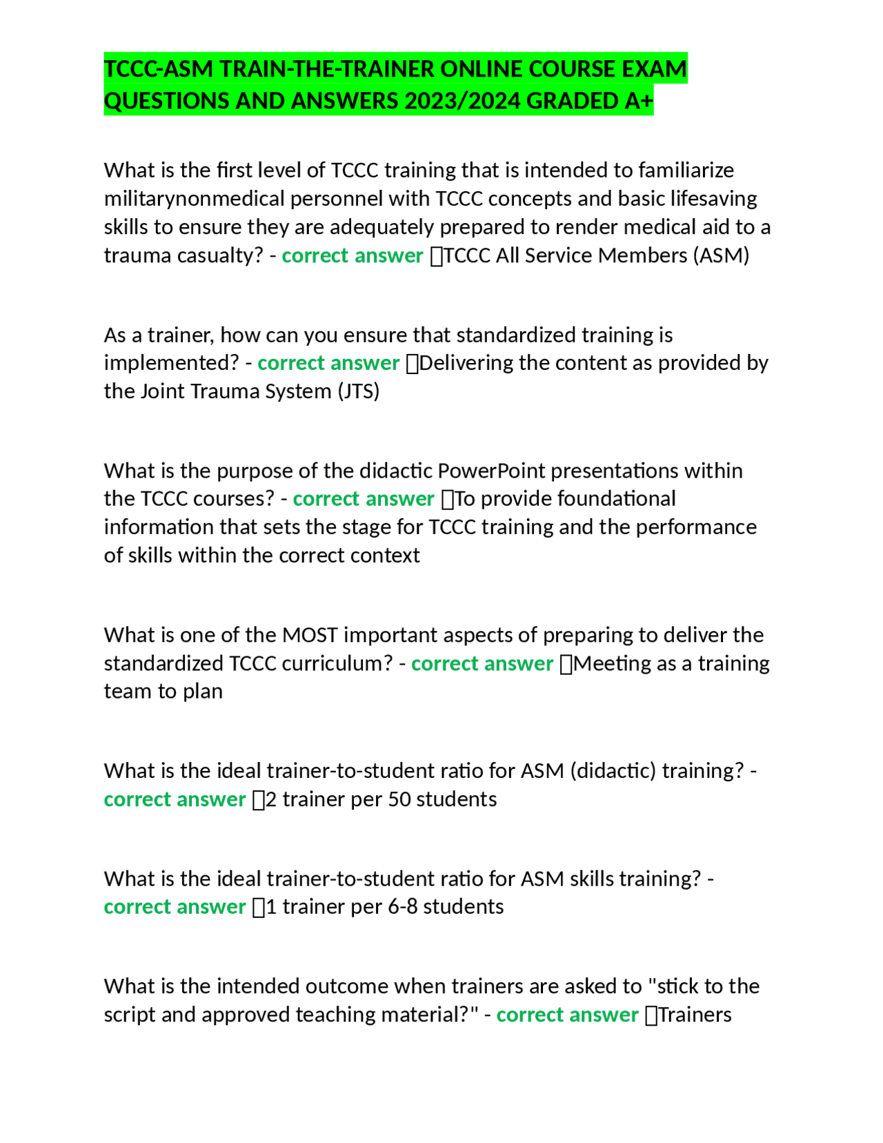 TCCC-ASM TRAIN-THE-TRAINER ONLINE COURSE EXAM QUESTIONS AND ANSWERS ...