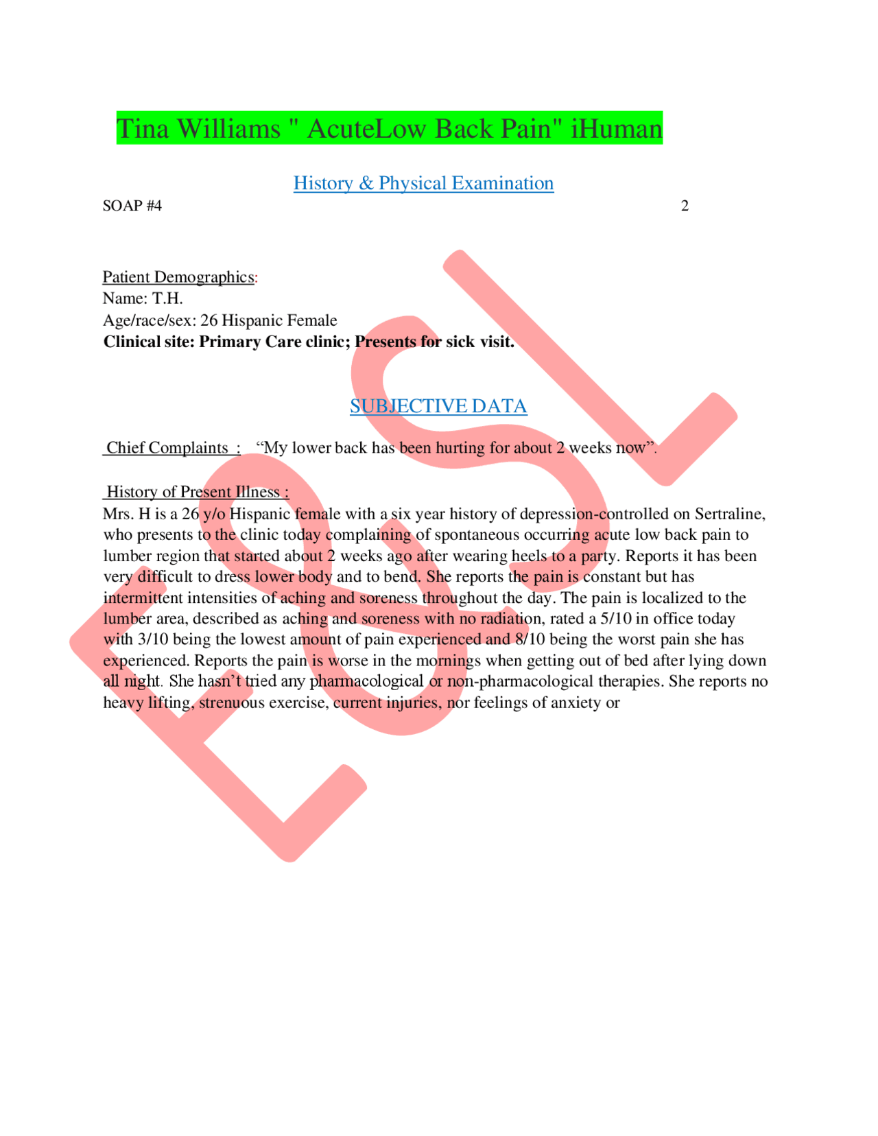 Tina Williams Acute Low Back Pain iHuman Case Study 2024 | Exams ...