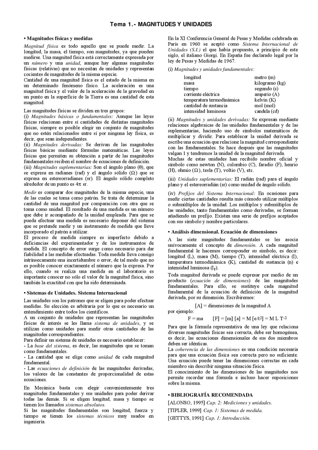 Magnitudes físicas y medidas, Análisis dimensional. Ecuación de ...