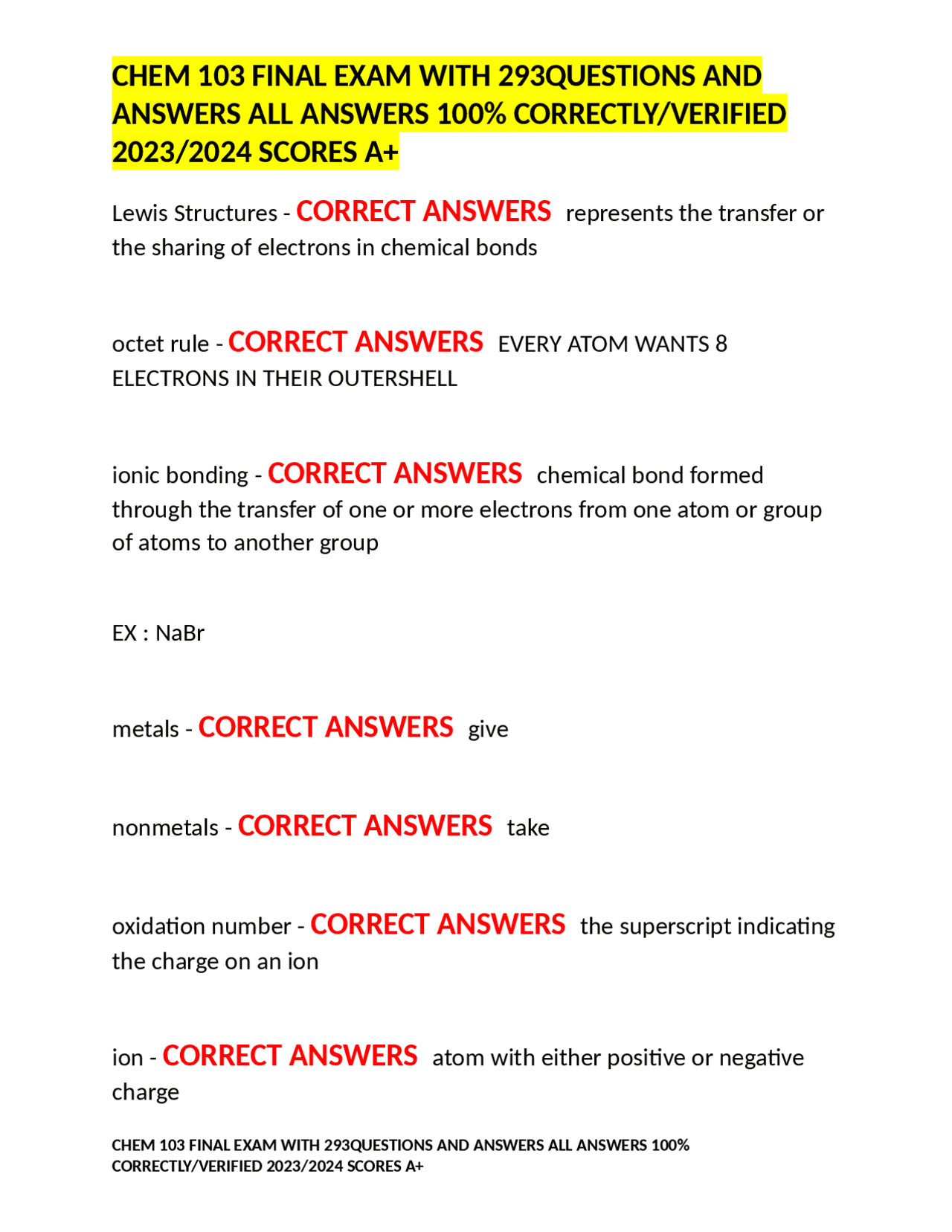 CHEM 103 FINAL EXAM WITH 293QUESTIONS AND ANSWERS ALL ANSWERS 100% ...