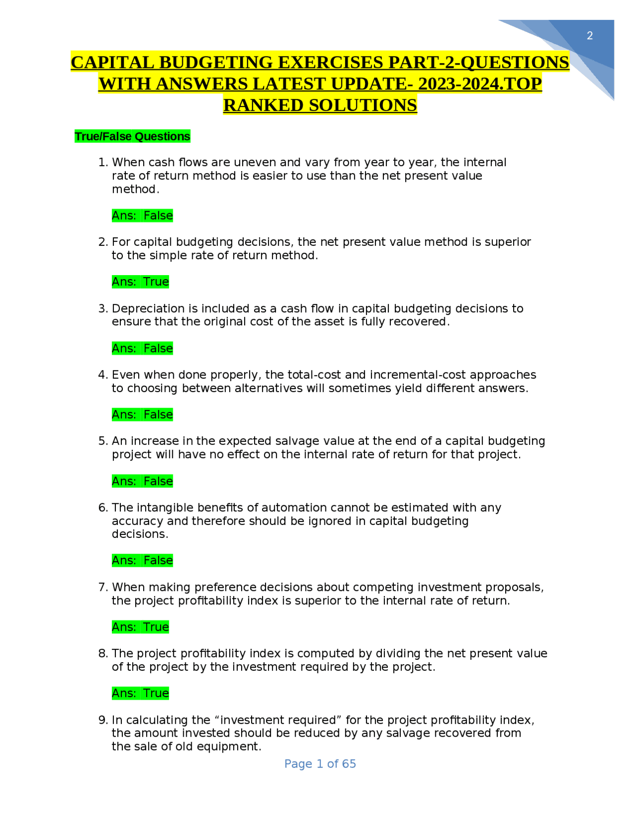 CAPITAL BUDGETING EXERCISES PART-2-QUESTIONS WITH ANSWERS LATEST UPDATE ...