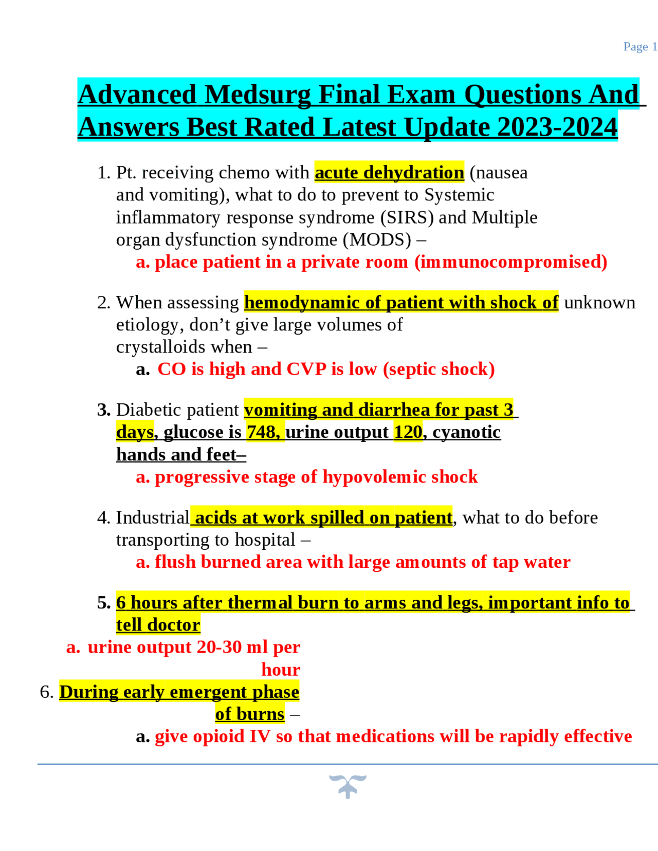 Advanced Medsurg Final Exam Questions and Answers | Exams Health ...