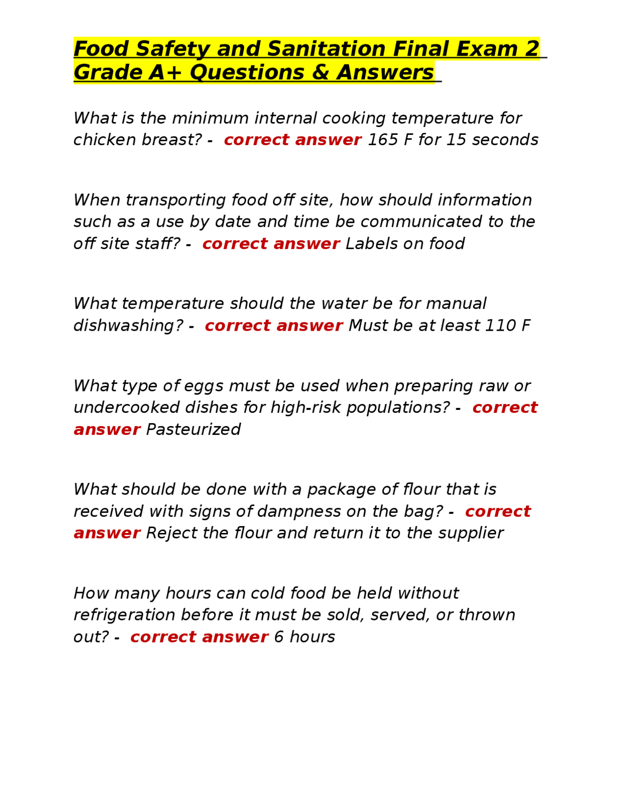Food Safety and Sanitation Final Exam 2 Grade A+ Questions & Answers ...