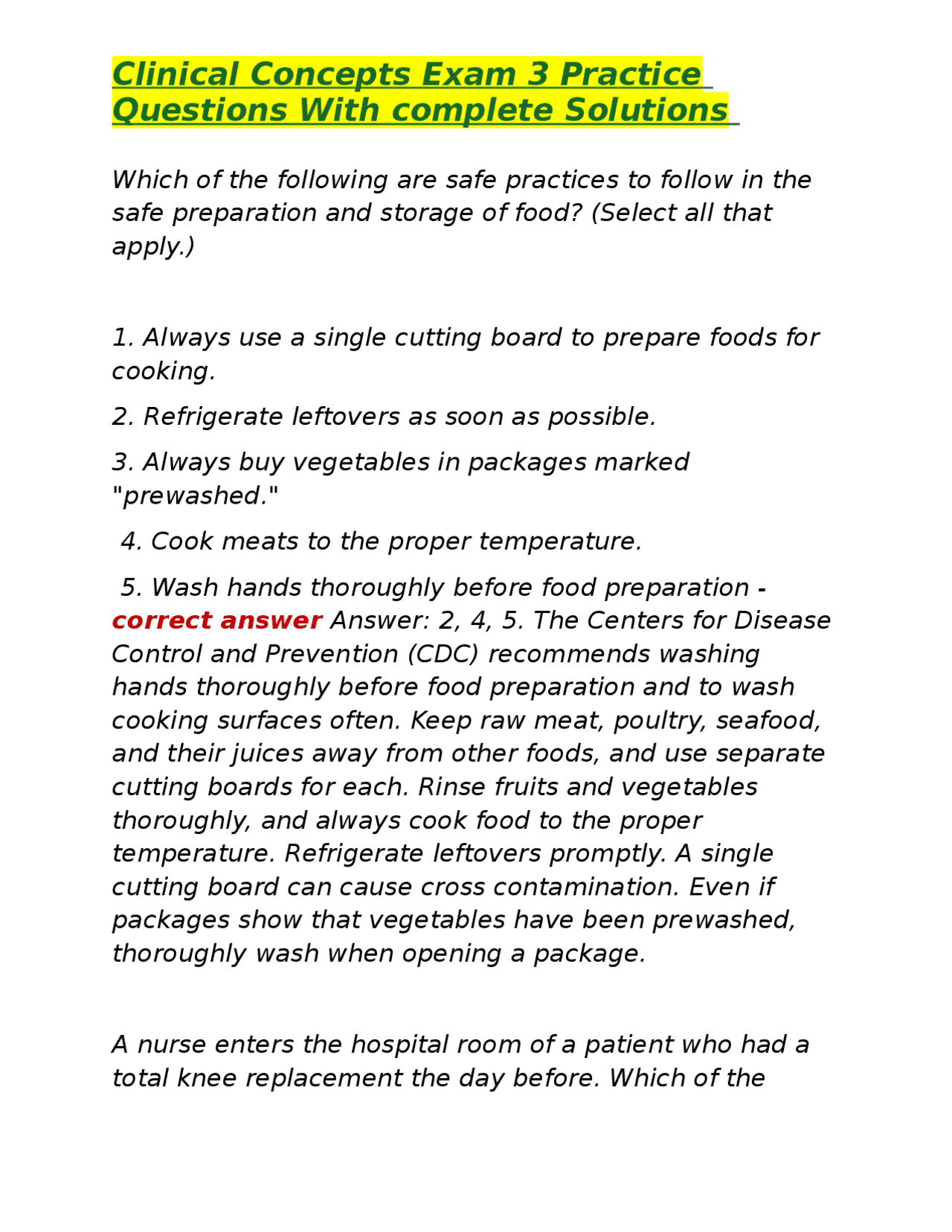 Clinical Concepts Exam 3 Practice Questions With complete Solutions | Exams Nursing | Docsity