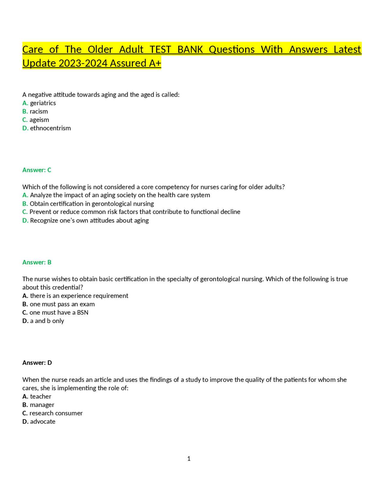 Care of The Older Adult TEST BANK Questions With Answers Latest Update ...