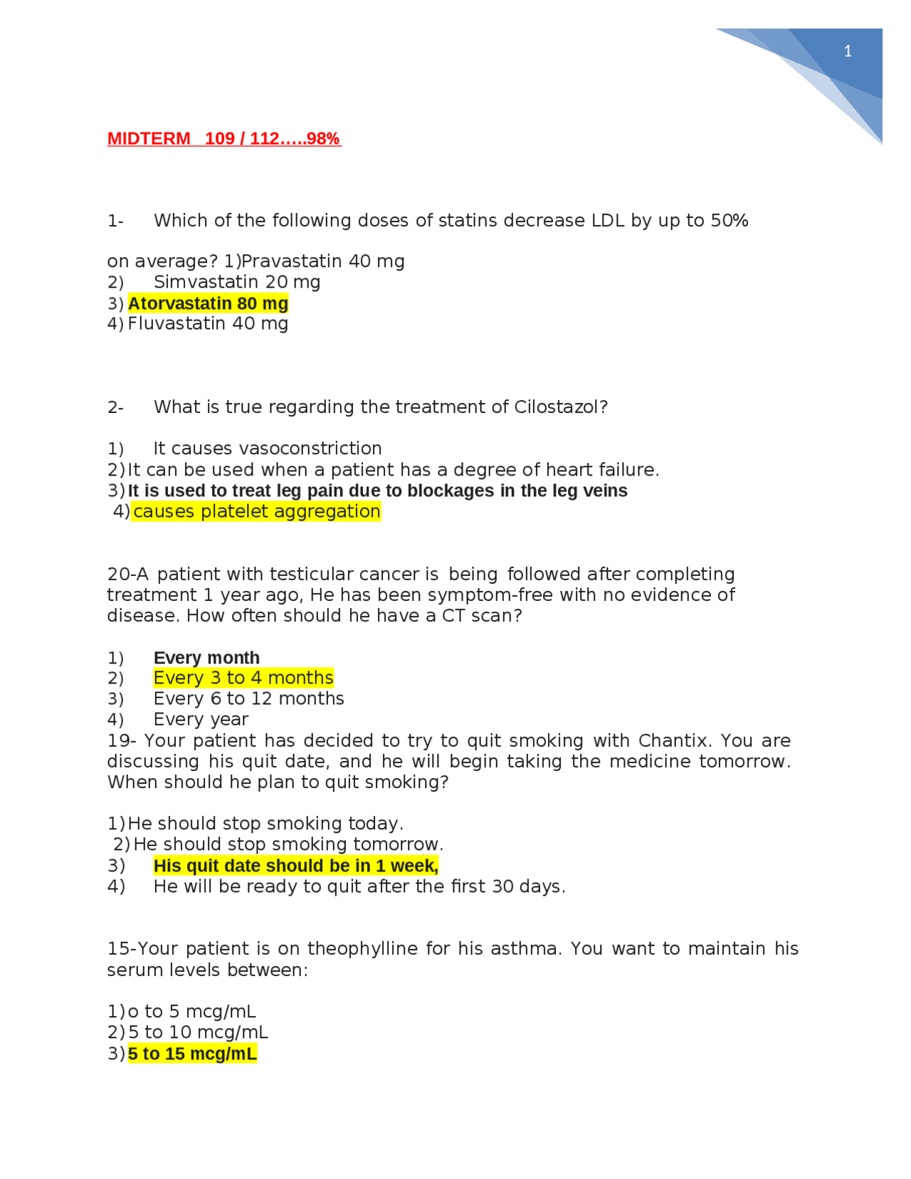Medical Questions and Answers | Exams Nursing | Docsity