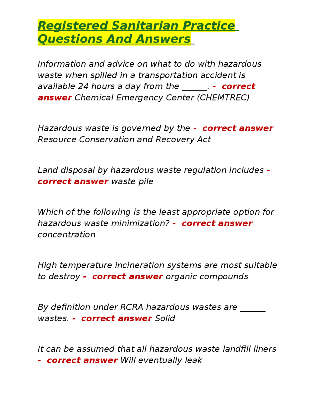 Registered Sanitarian Practice Questions And Answers | Exams Nursing ...