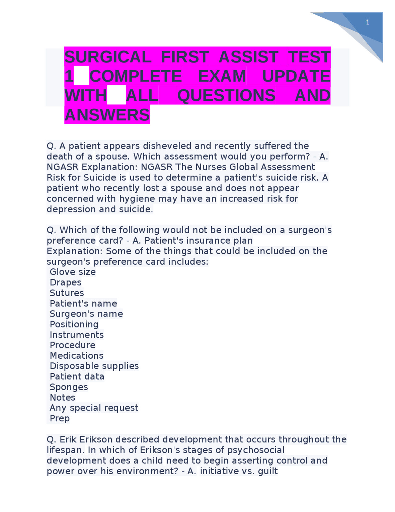 SURGICAL FIRST ASSIST TEST 1 COMPLETE EXAM UPDATE WITH ALL QUESTIONS ...