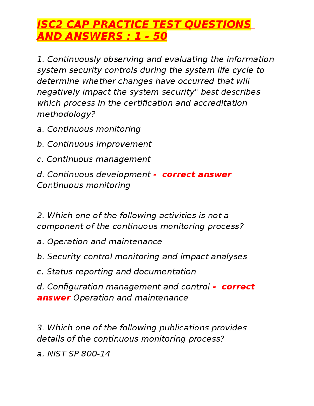 ISC2 CAP PRACTICE TEST QUESTIONS AND ANSWERS : 1 - 50 | Exams ...