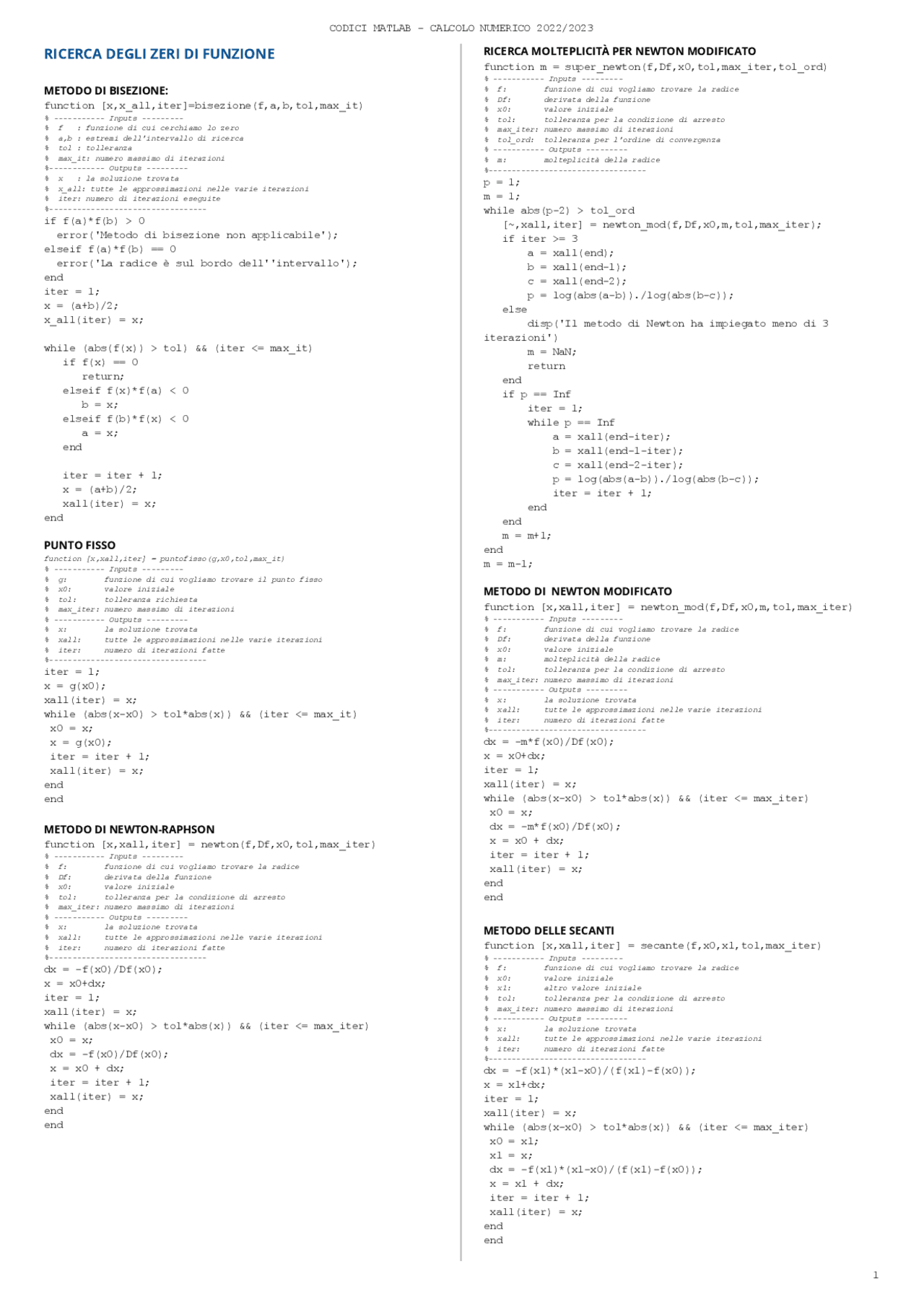 Codici Matlab - Calcolo numerico | Formulari di Calcolo Numerico | Docsity