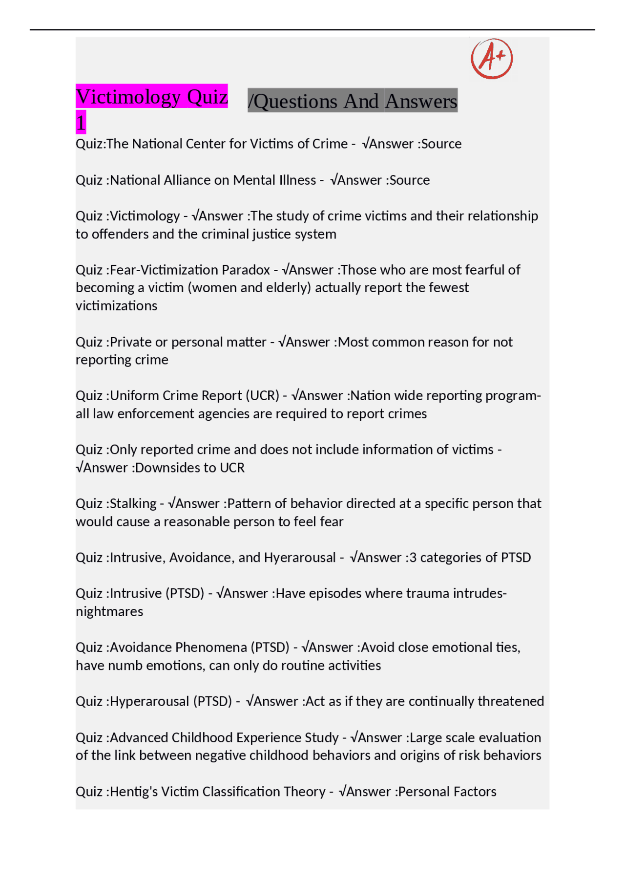 Victimology Quiz 1 /Questions And Answers: Quiz:The National Center for ...