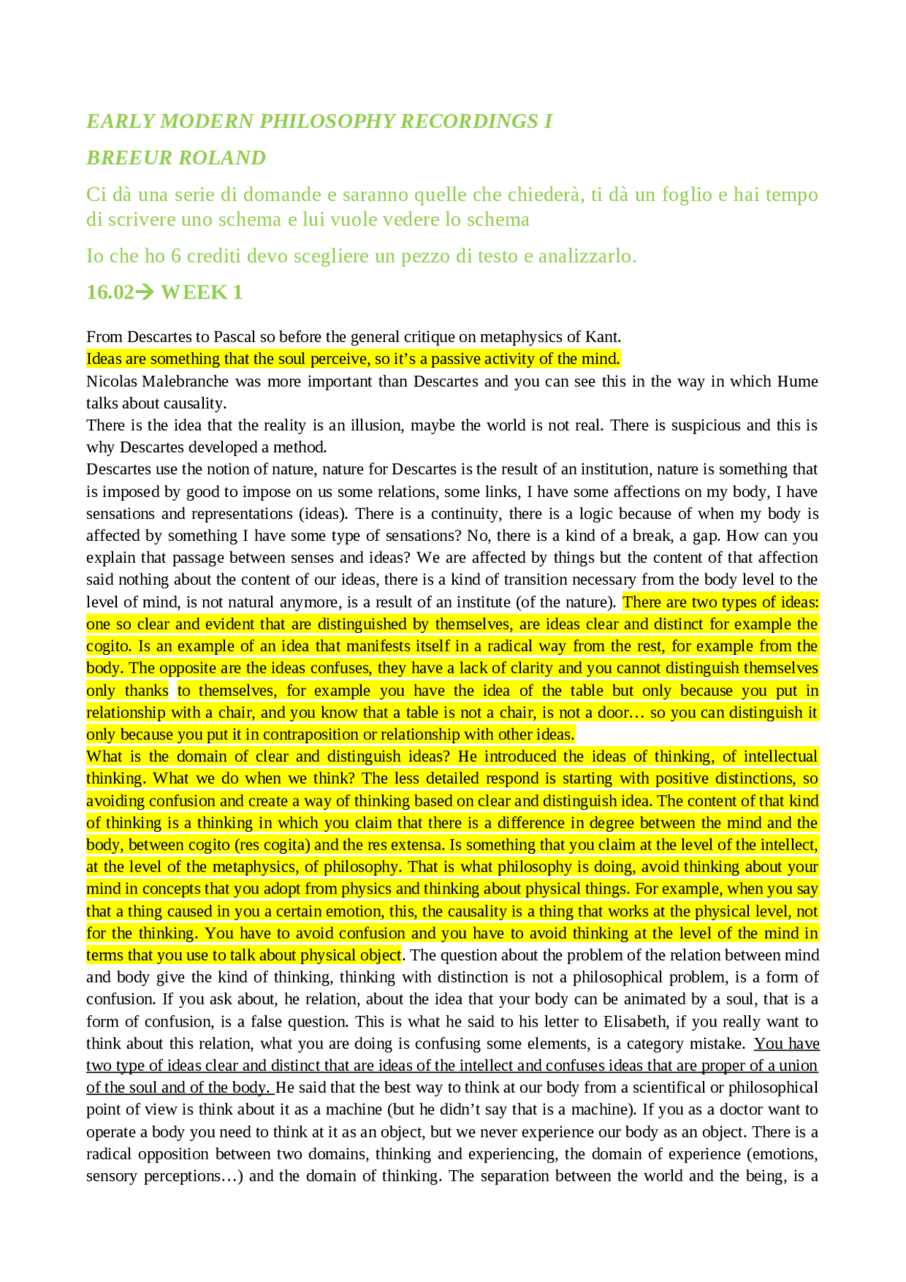 Early Modern Philosophy | Transcriptions Modern Philosophy | Docsity