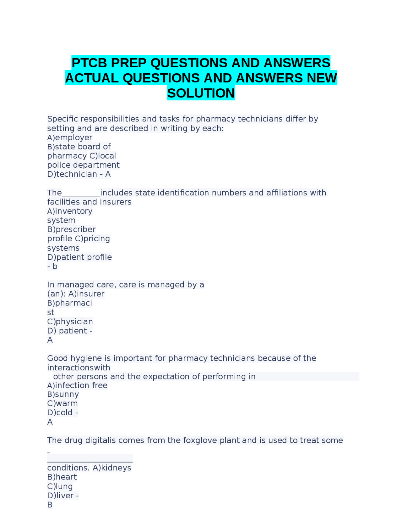 PTCB Prep Questions and Answers | Exams Nursing | Docsity
