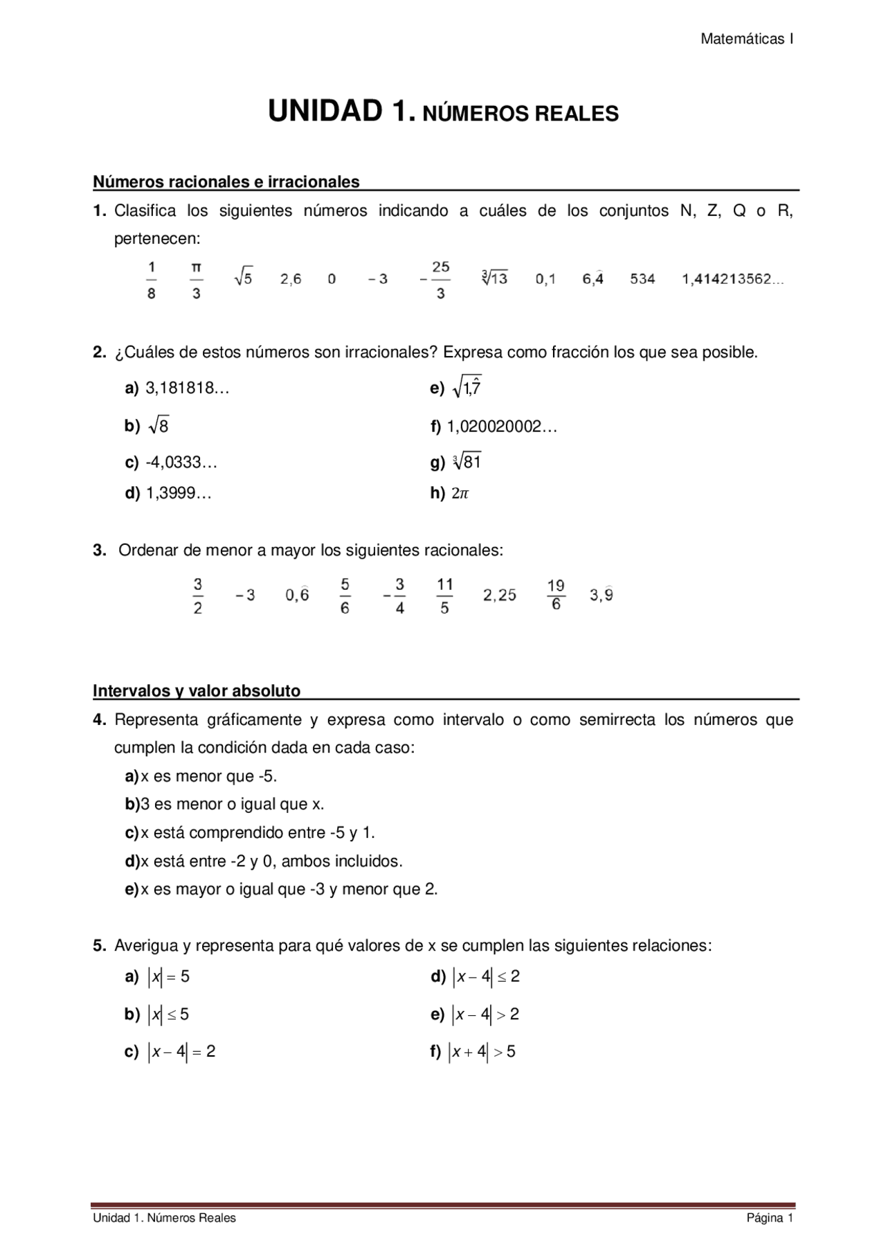 UNIDAD 1. NÚMEROS REALES (Practica) | Ejercicios de Matemáticas ...