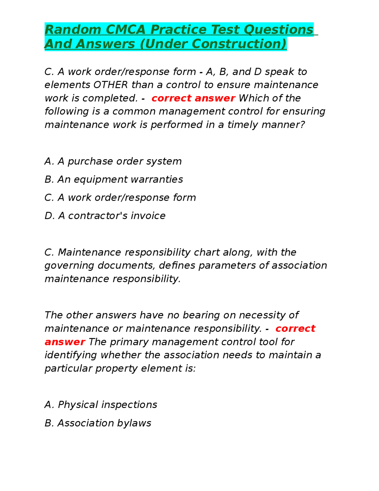 CMCA Practice Test Questions and Answers | Exams Construction ...