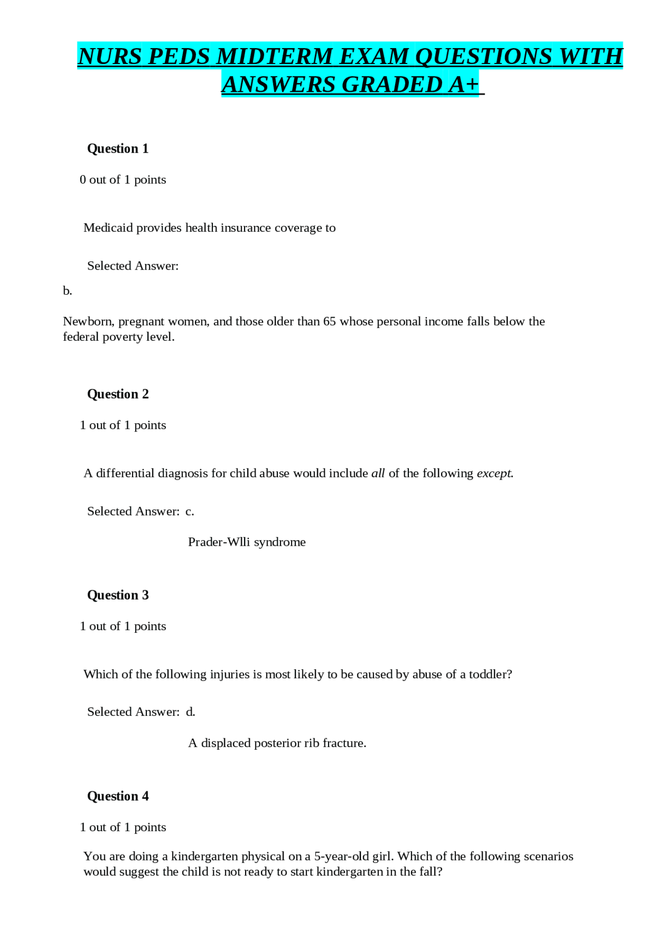 NURS PEDS MIDTERM EXAM QUESTIONS WITH ANSWERS GRADED A+ | Exámenes ...
