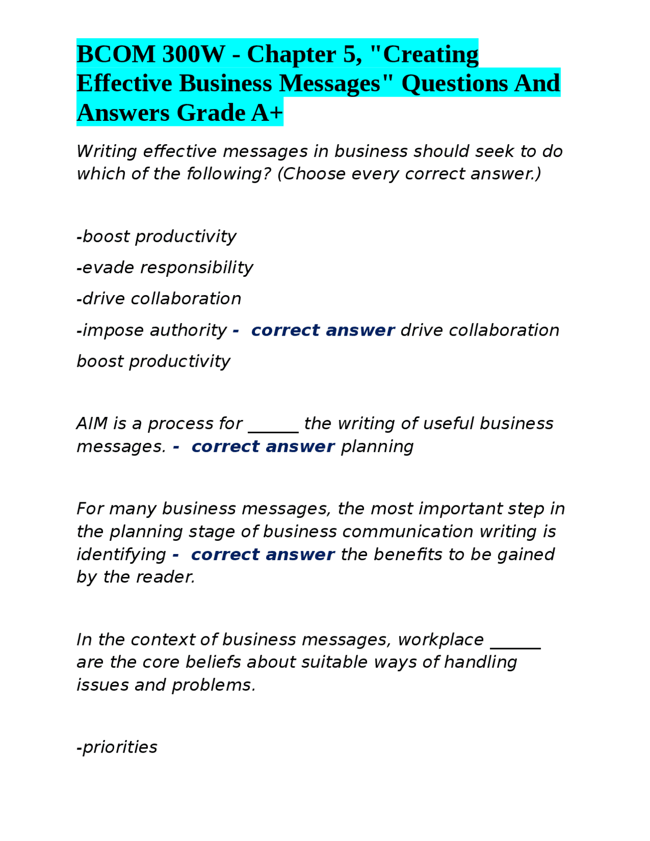 Creating Effective Business Messages | Exams Effective Business Communication | Docsity