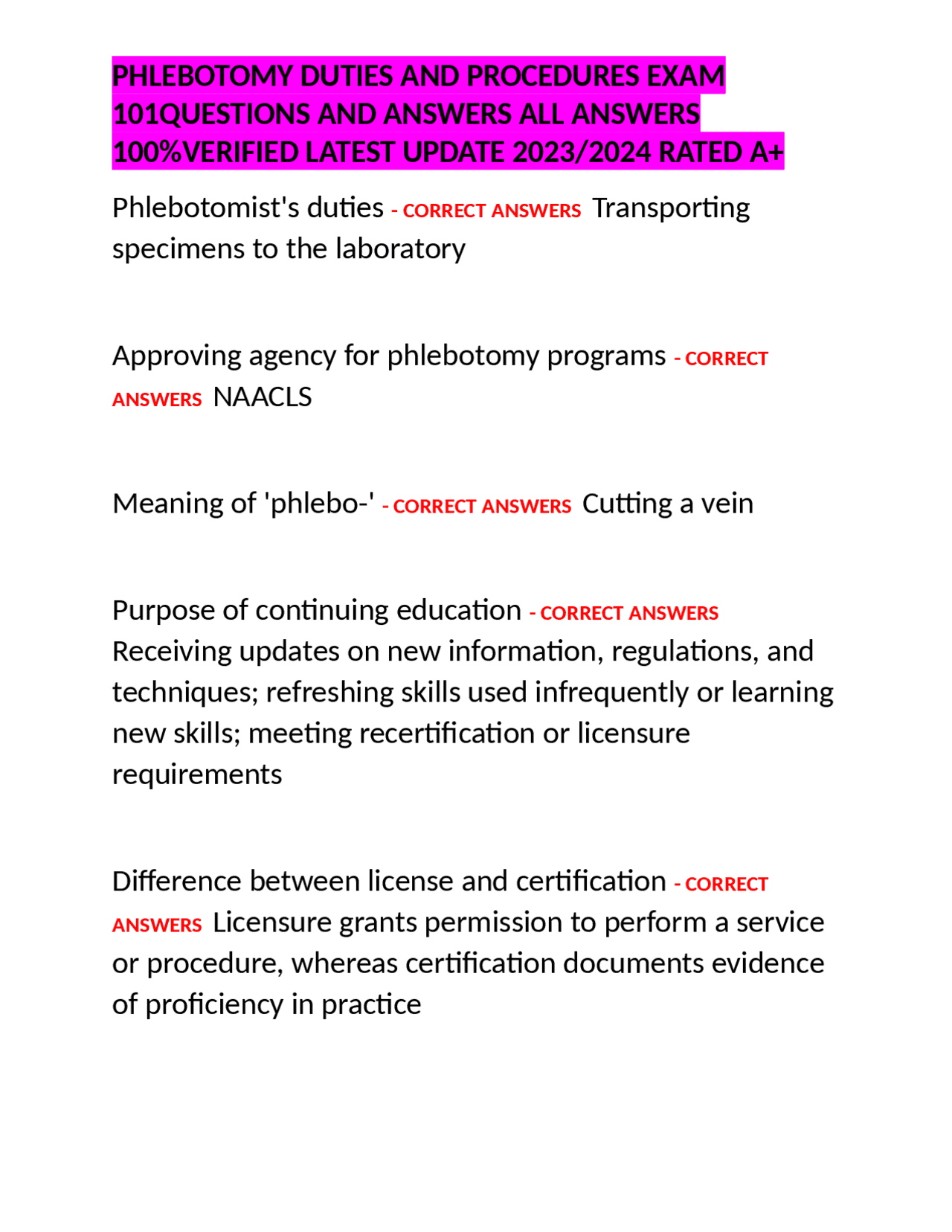 Phlebotomy Duties and Procedures Exam 101 Questions and Answers | Exams ...