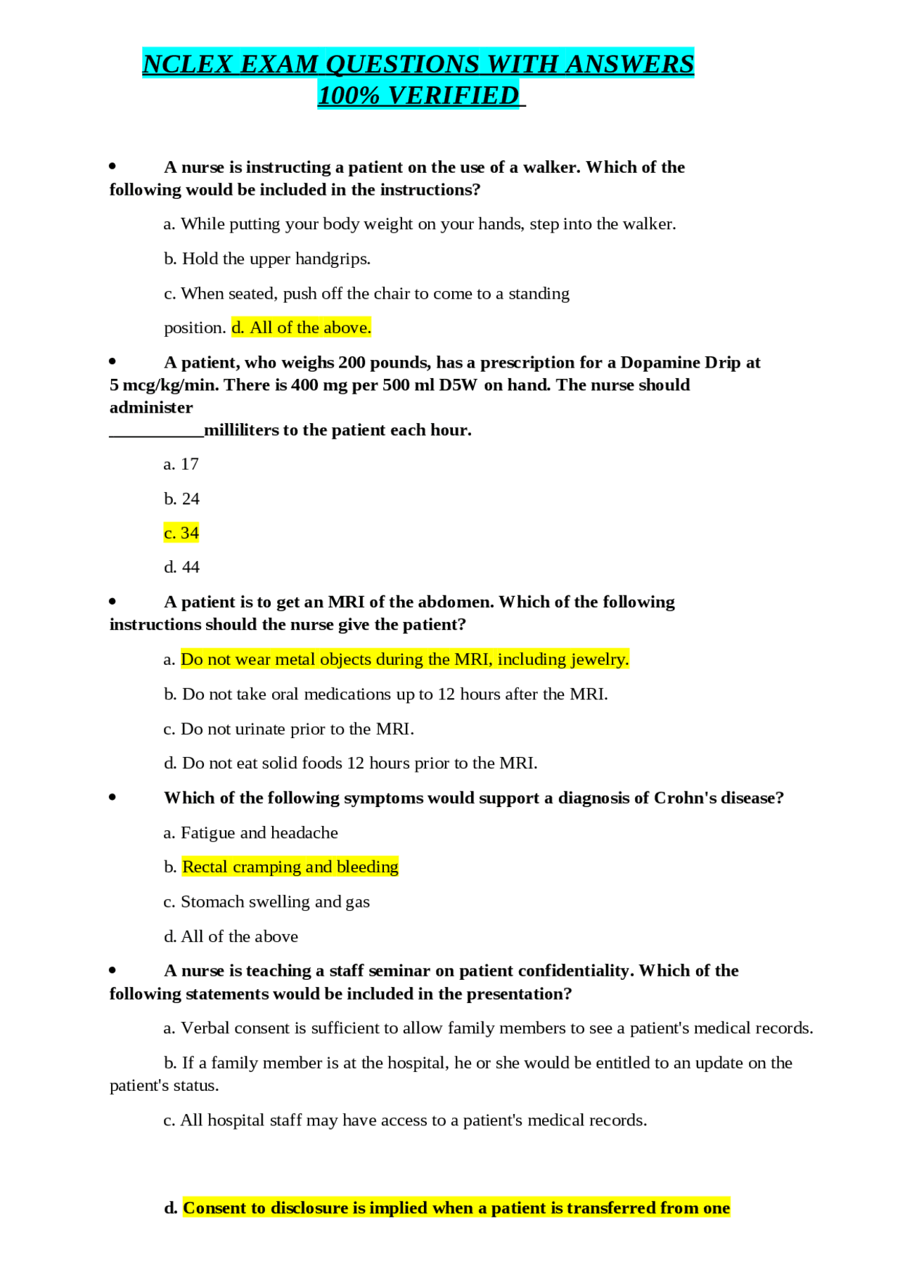 NCLEX EXAM QUESTIONS WITH ANSWERS 100% VERIFIED | Exams Nursing | Docsity