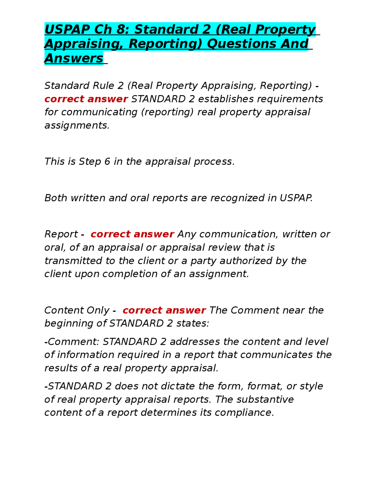 USPAP Ch 8: Standard 2 (Real Property Appraising, Reporting) Questions ...