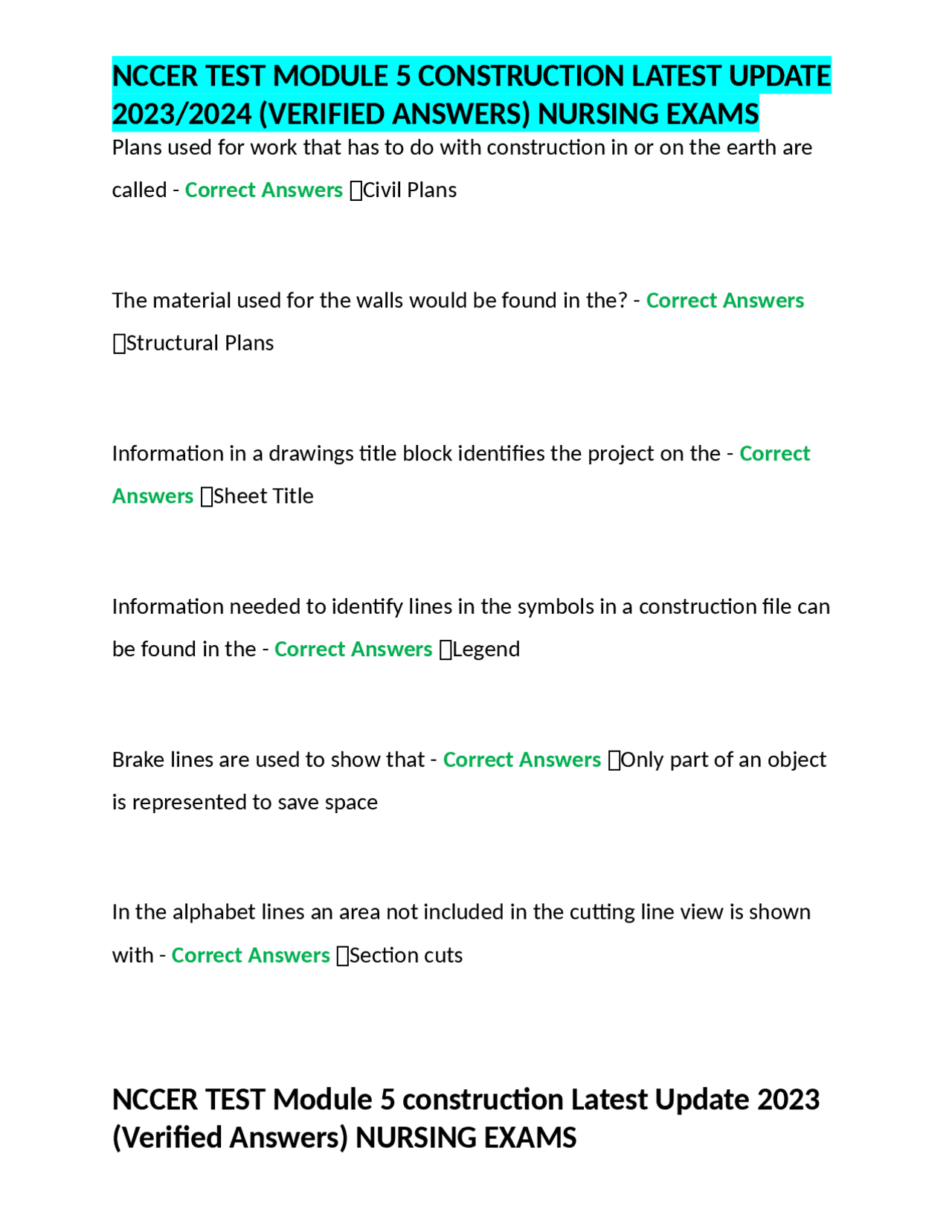 NCCER TEST MODULE 5 CONSTRUCTION LATEST UPDATE 2023/2024 (VERIFIED ...
