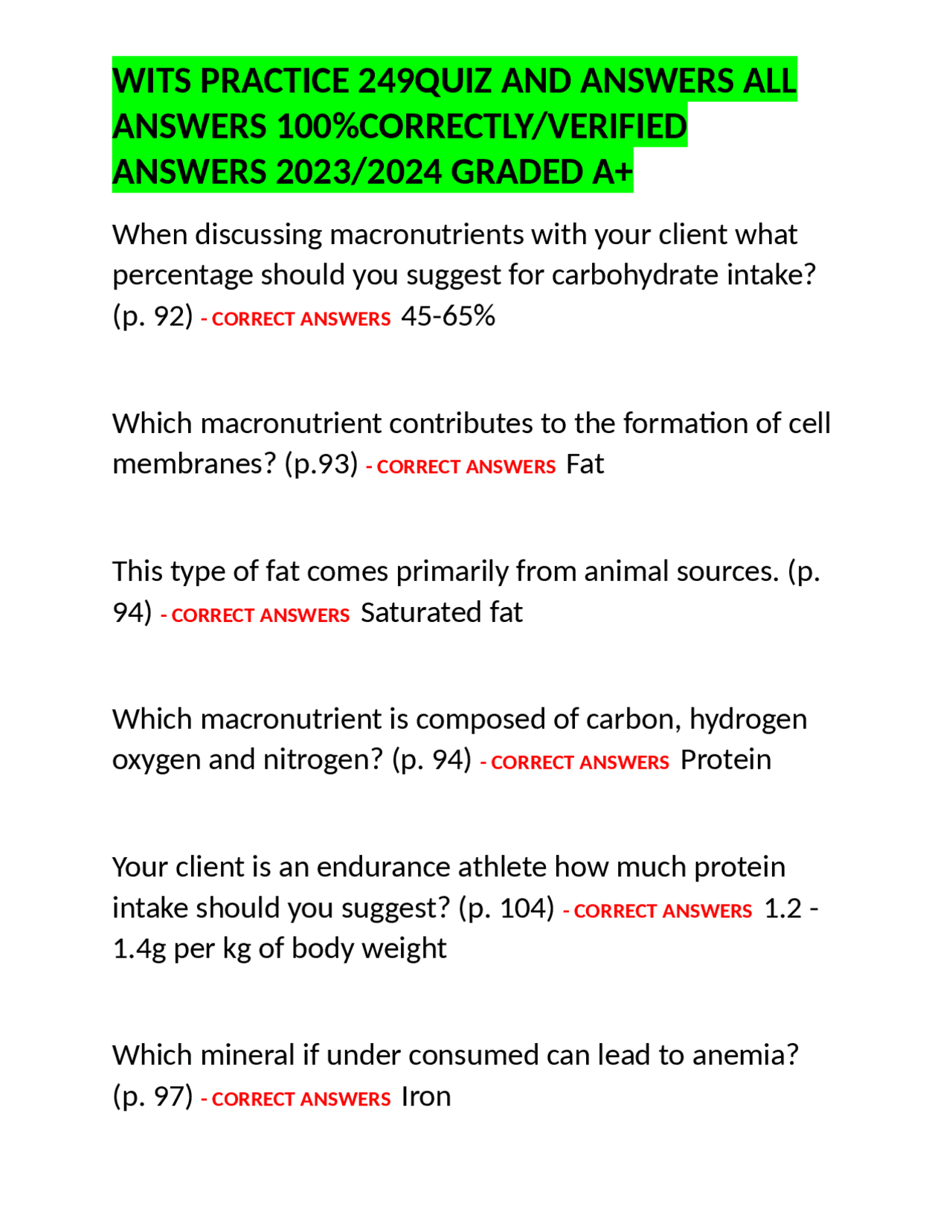 WITS PRACTICE 249QUIZ AND ANSWERS ALL ANSWERS 100%CORRECTLY/VERIFIED ...