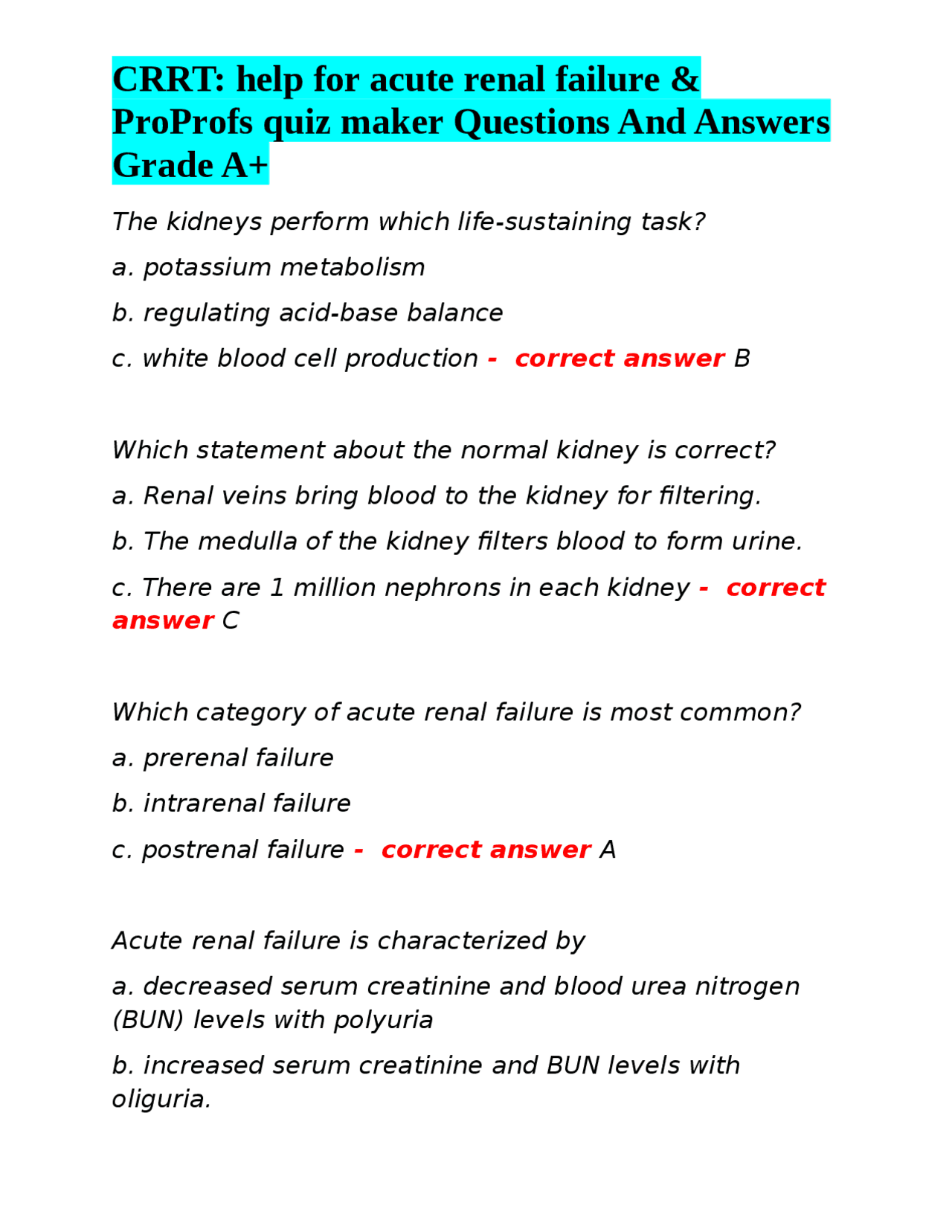 CRRT: help for acute renal failure & ProProfs quiz maker Questions And ...