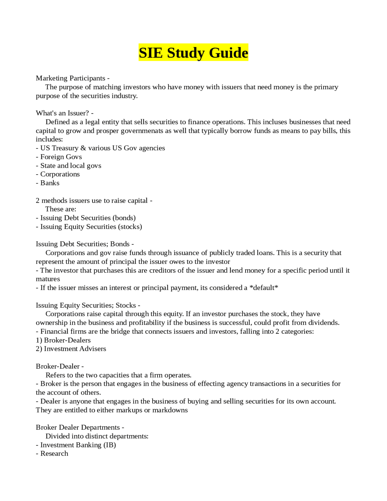 SIE Study Guide Marketing Participants | Exams Business Economics | Docsity