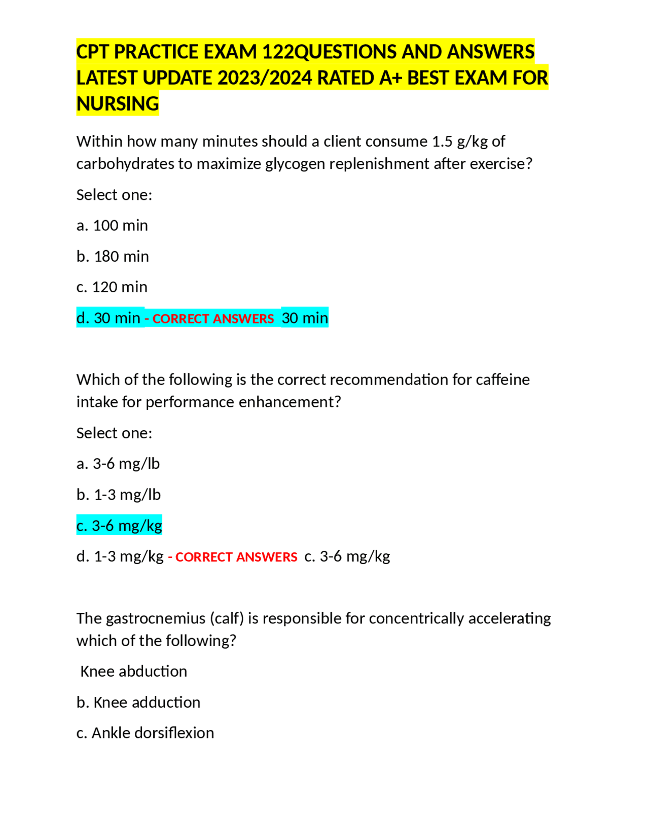 CPT Practice Exam for Nursing | Exams Nursing | Docsity